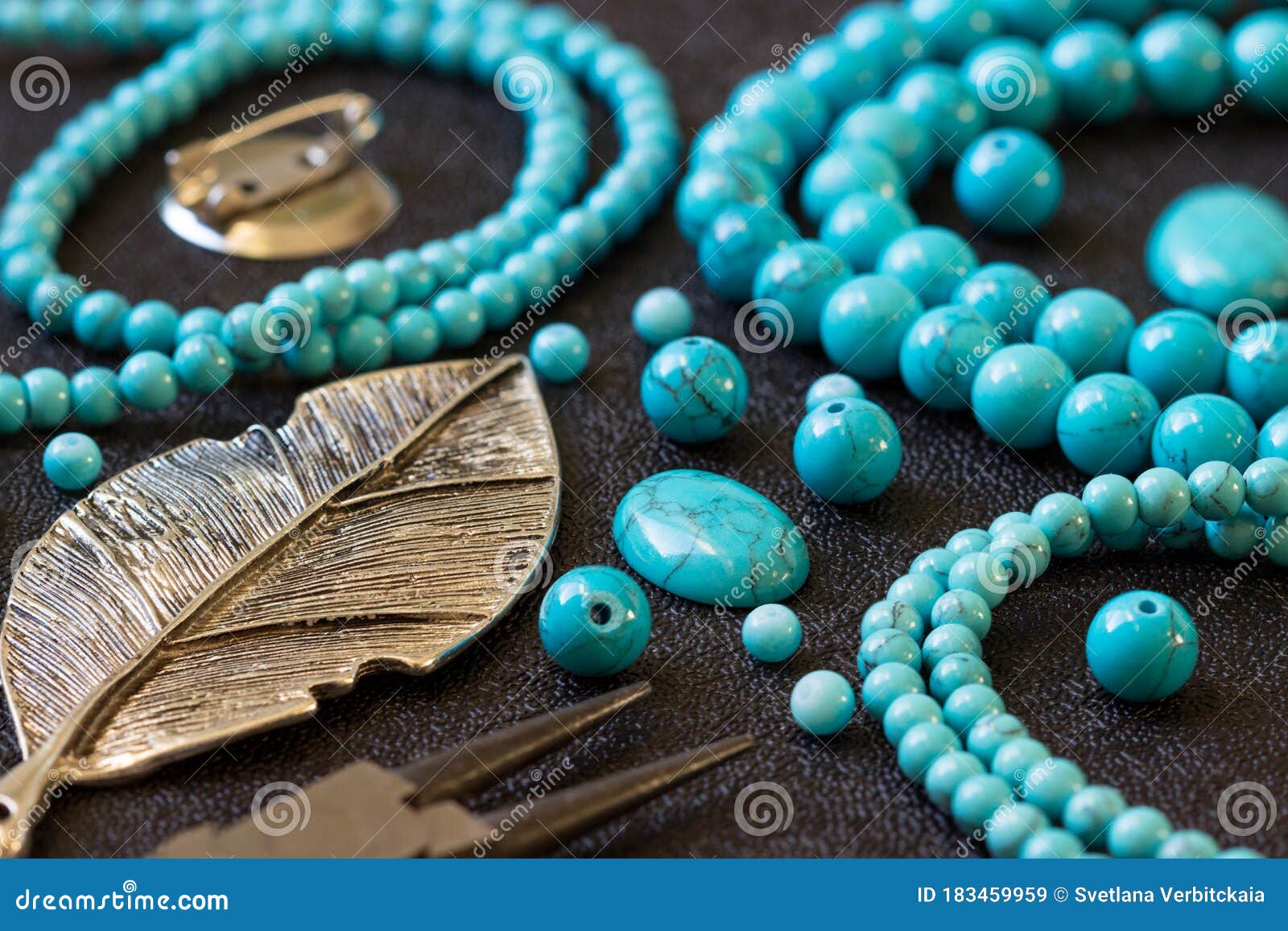 Turquoise Stones, Beads and Tools for Making Jewelry. Needlework Stock ...