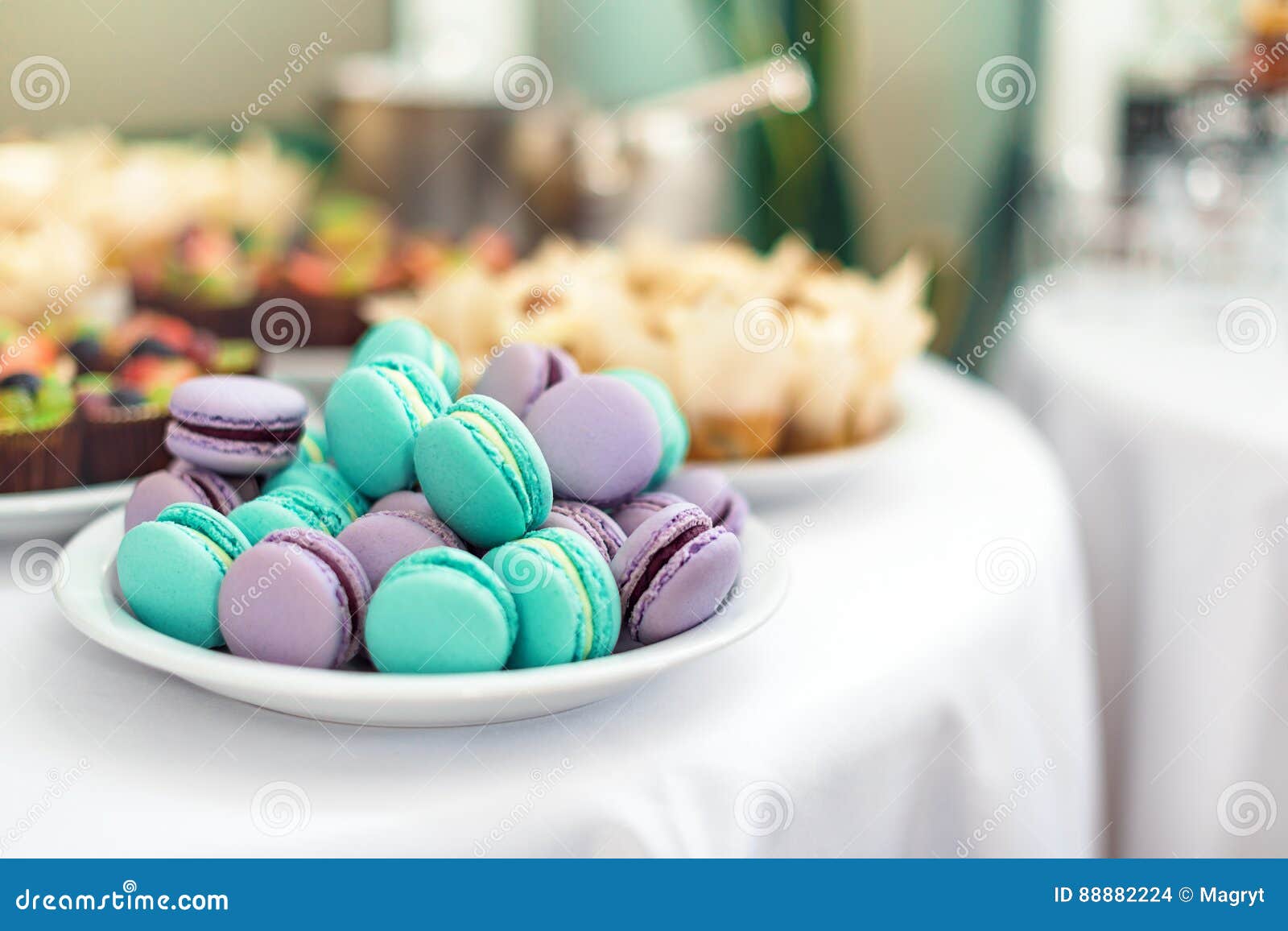 Turquoise and Violet Macarons. Wedding Cakes on the Table. Sweet ...
