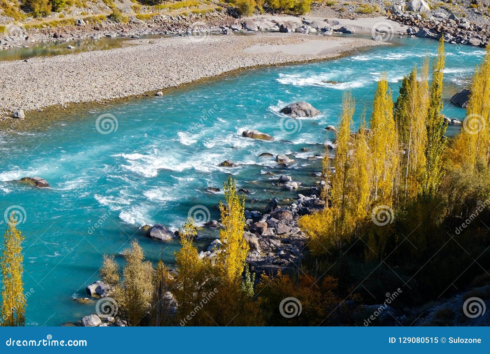 Turquoise Water Flowing Along the Gilgit River in Gupis. Stock Image ...