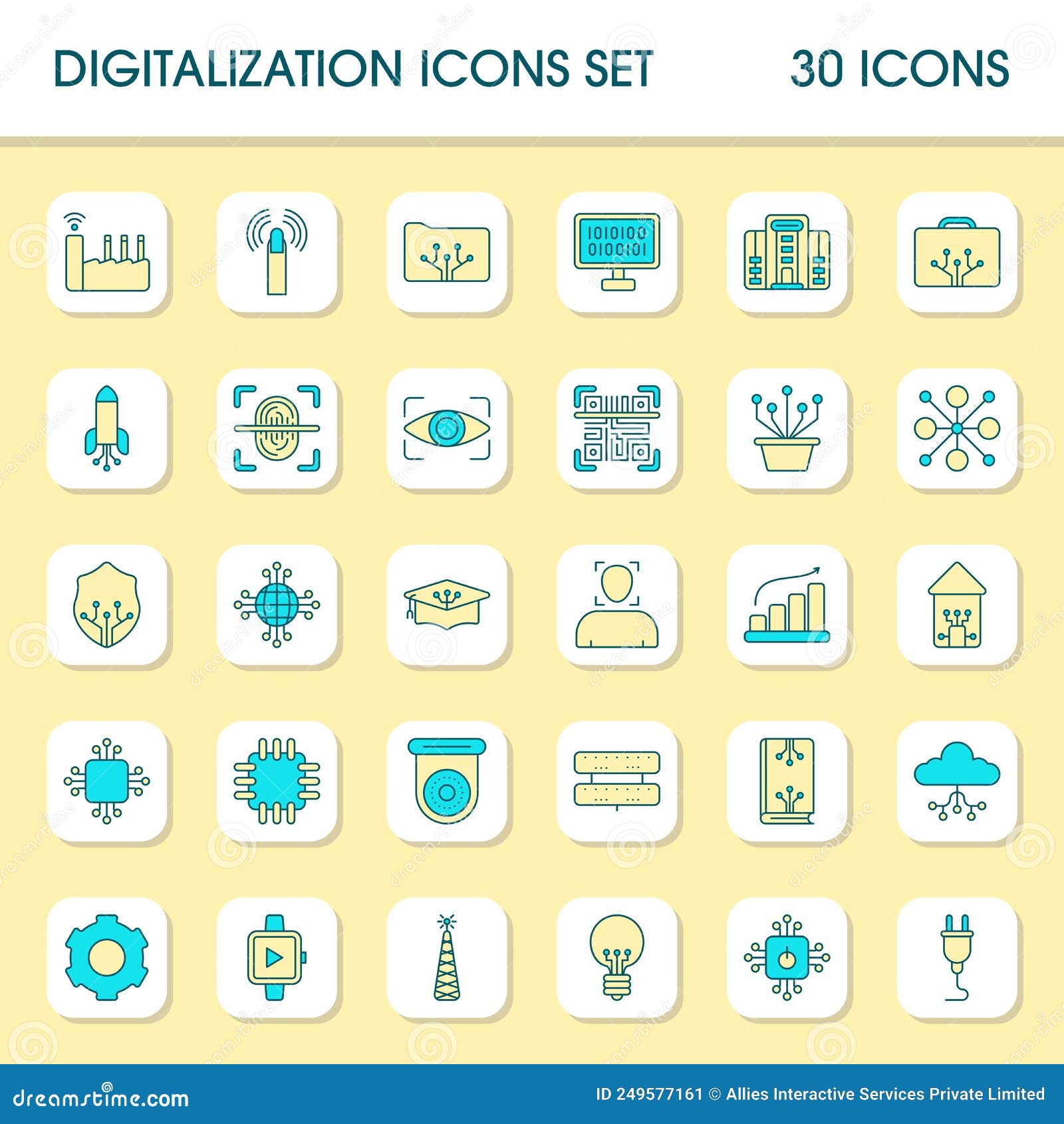 Turquoise and Yellow Digitalization Square Icon Set in Flat Stock ...