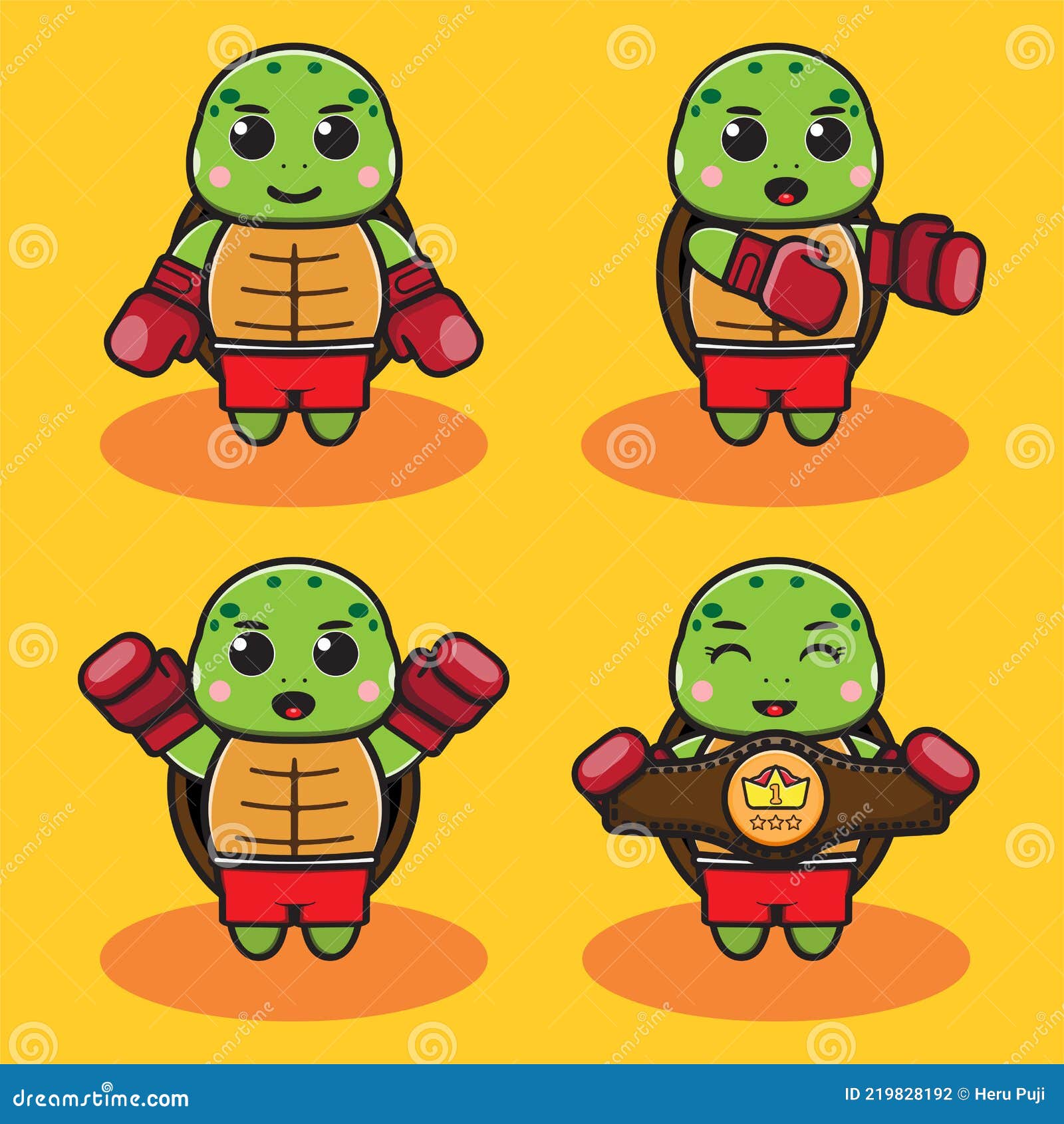 Vector Illustration of Cute Little Turtle Boxing Cartoon Set. Stock ...