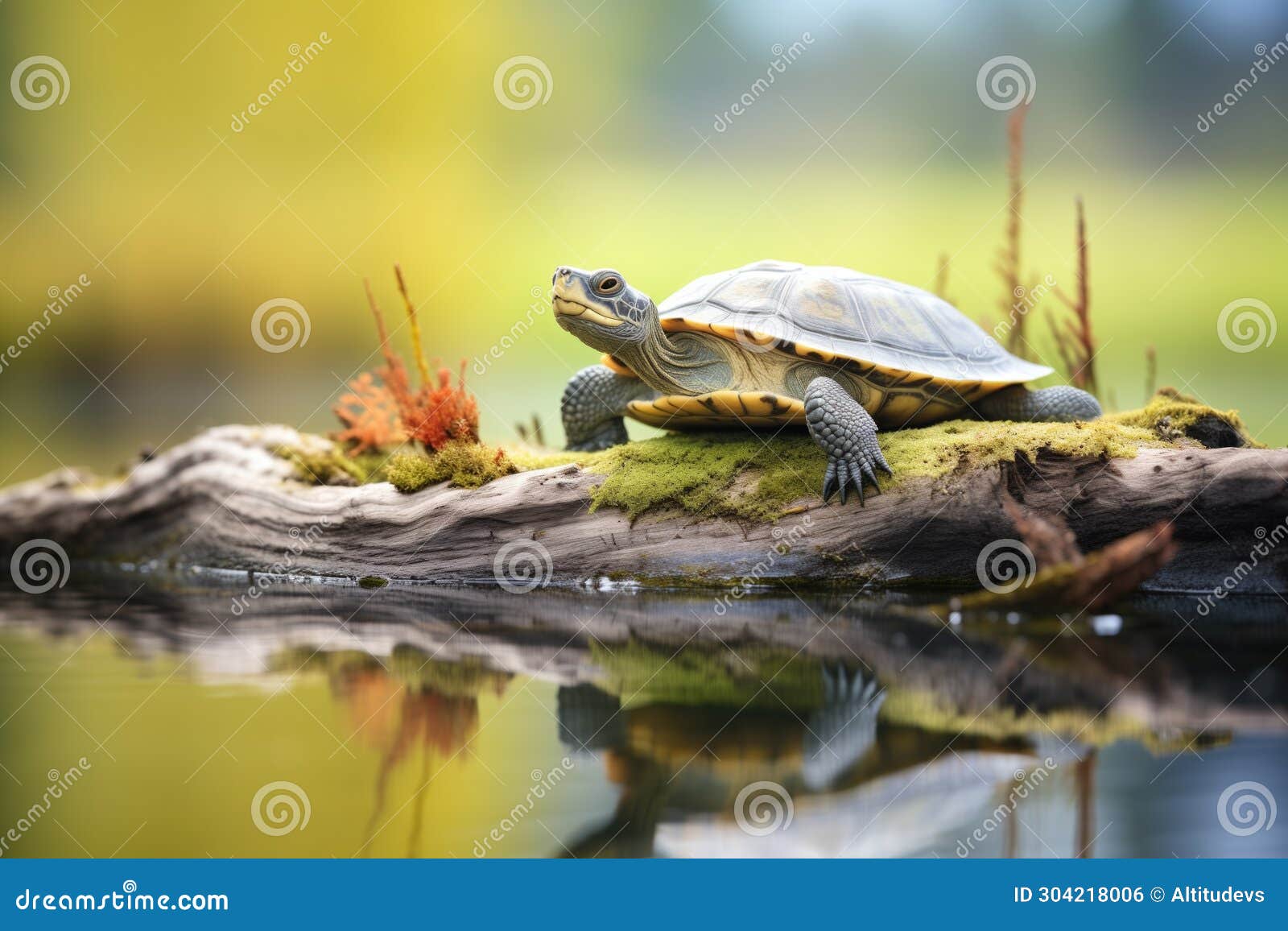 A Turtle Basking on a Log in a Marsh Stock Photo - Image of habitat ...
