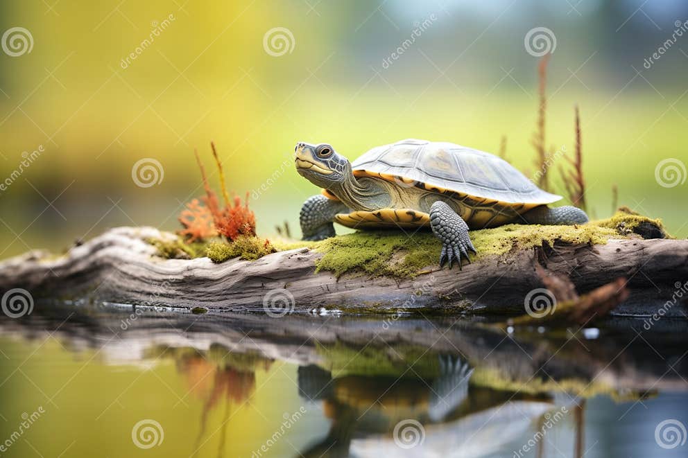 A Turtle Basking on a Log in a Marsh Stock Photo - Image of habitat ...