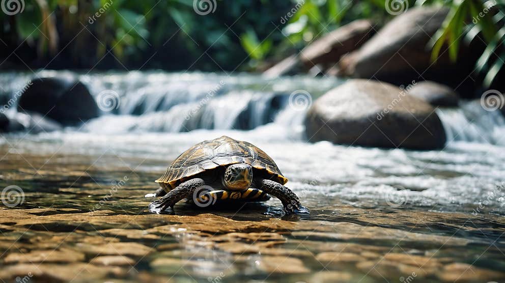 Turtle Basks in Shallows of Tranquil Stream, Surrounded by Lush ...