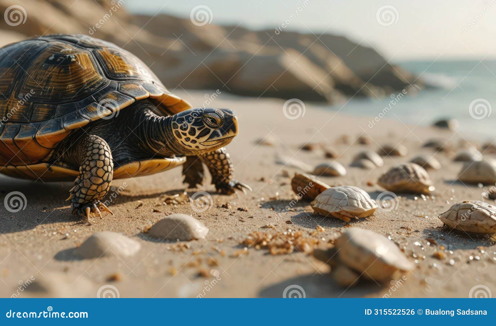 A Turtle is on the Beach with a Rock Pile in Front of it. Stock ...