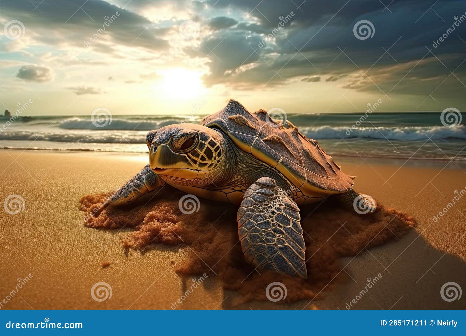 Turtle on the Beach, Sea in Background Stock Image - Image of crawling ...