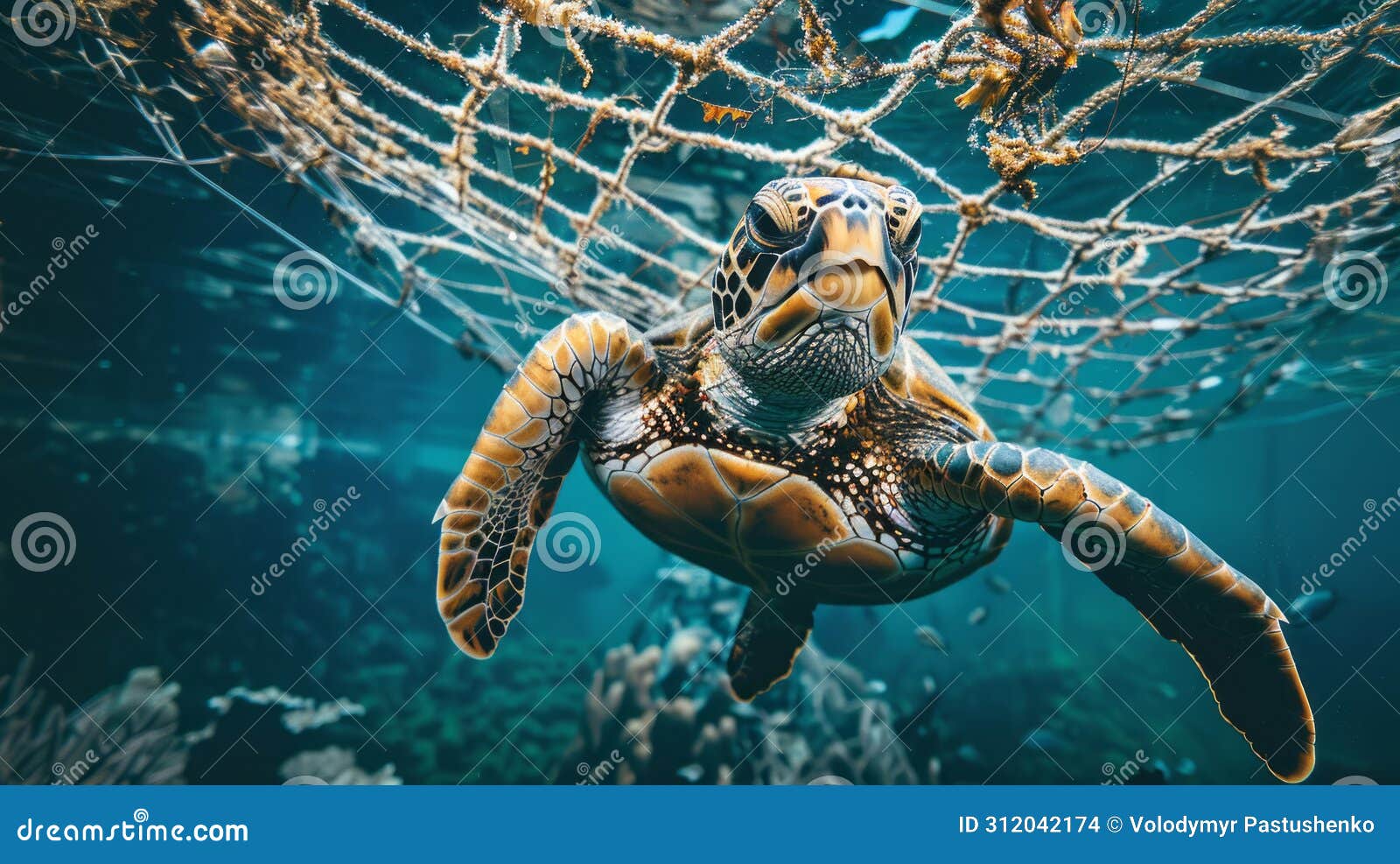 Turtle Caught in Fishing Net Stock Illustration - Illustration of coral ...