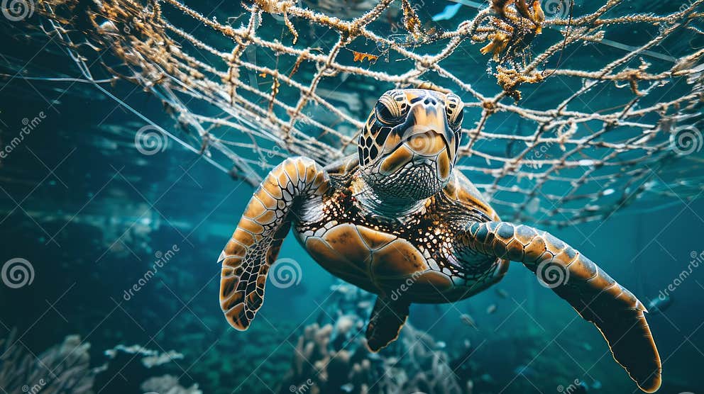 Turtle Caught in Fishing Net Stock Illustration - Illustration of coral ...