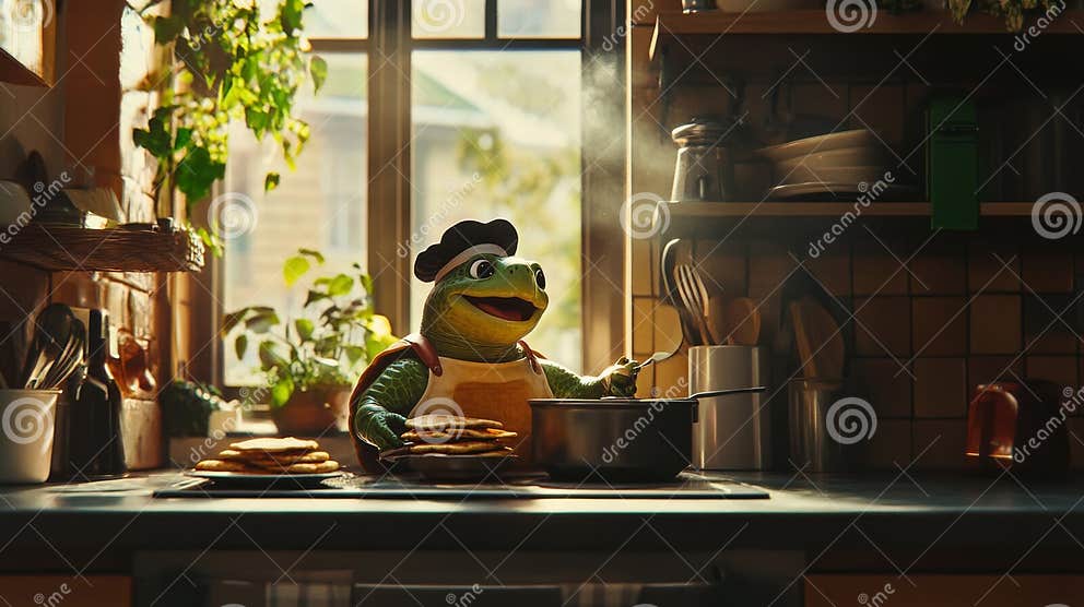 A Turtle Chef, Full of Cheer, Flips Pancakes in a Kitchen Bathed in ...