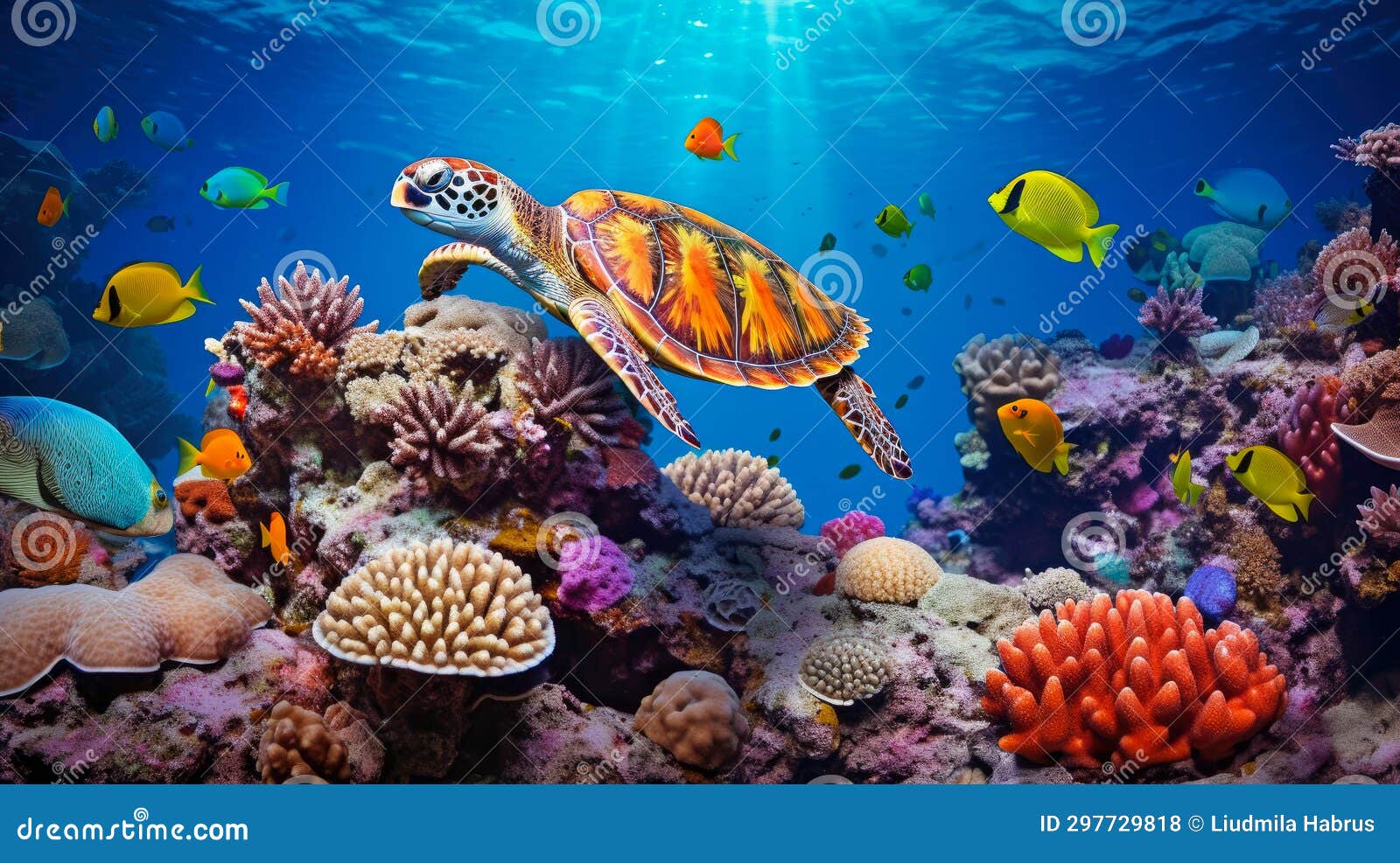 Turtle and Coral Reef in the Sea Stock Photo - Image of wild, tropical ...