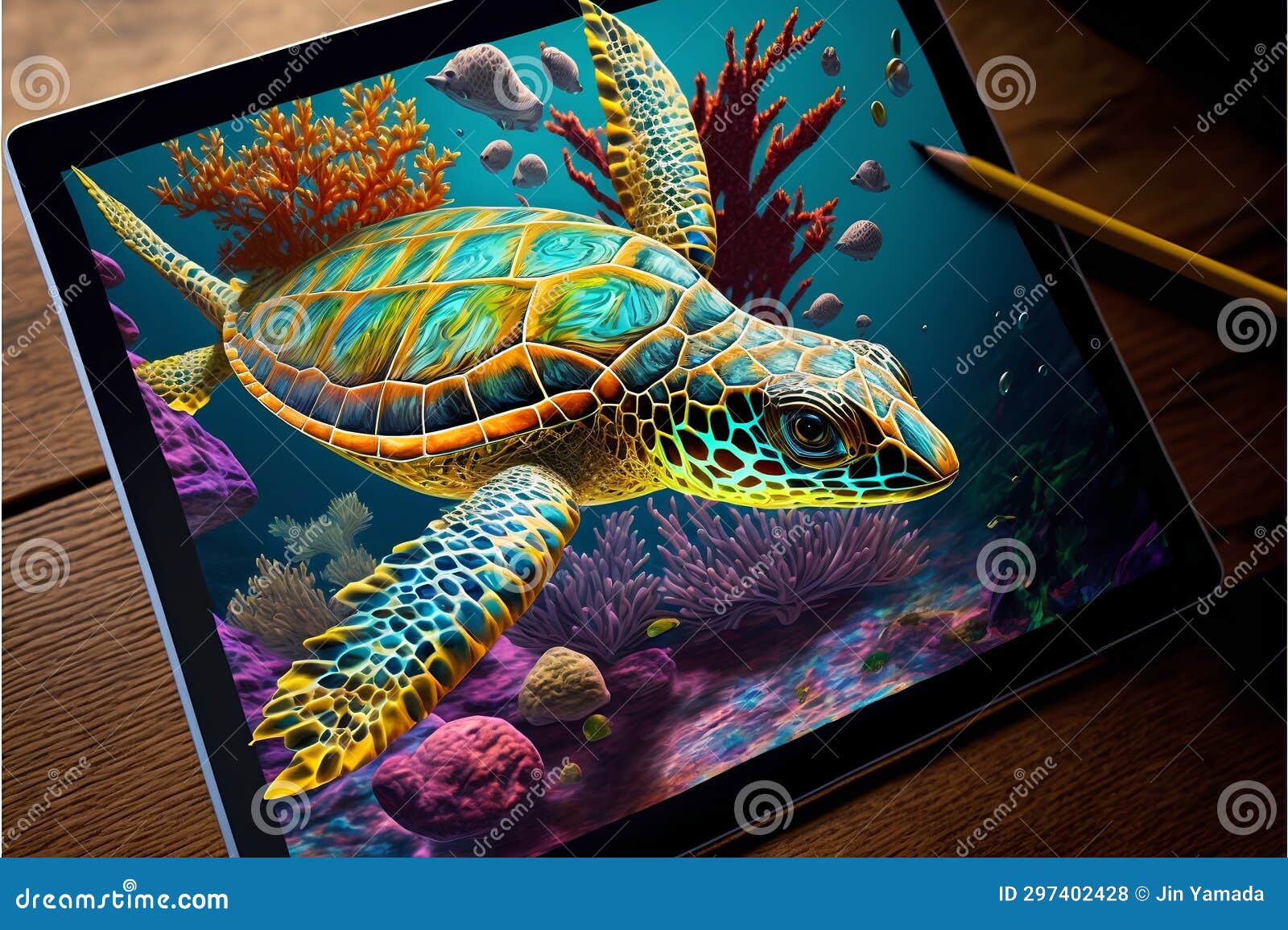 Turtle on a Digital Tablet in the Sea with Corals. Stock Photo - Image ...