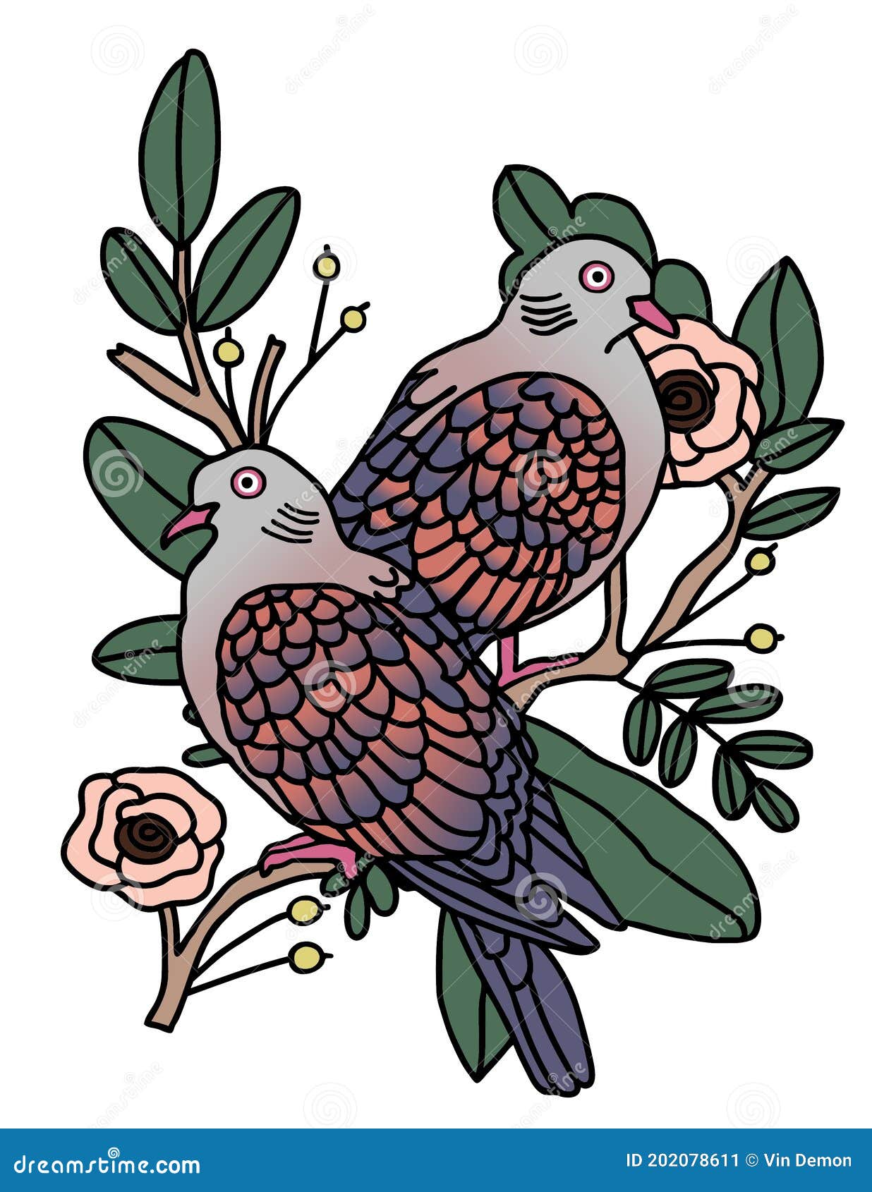 2 Turtle doves in a tree stock illustration. Illustration of great ...