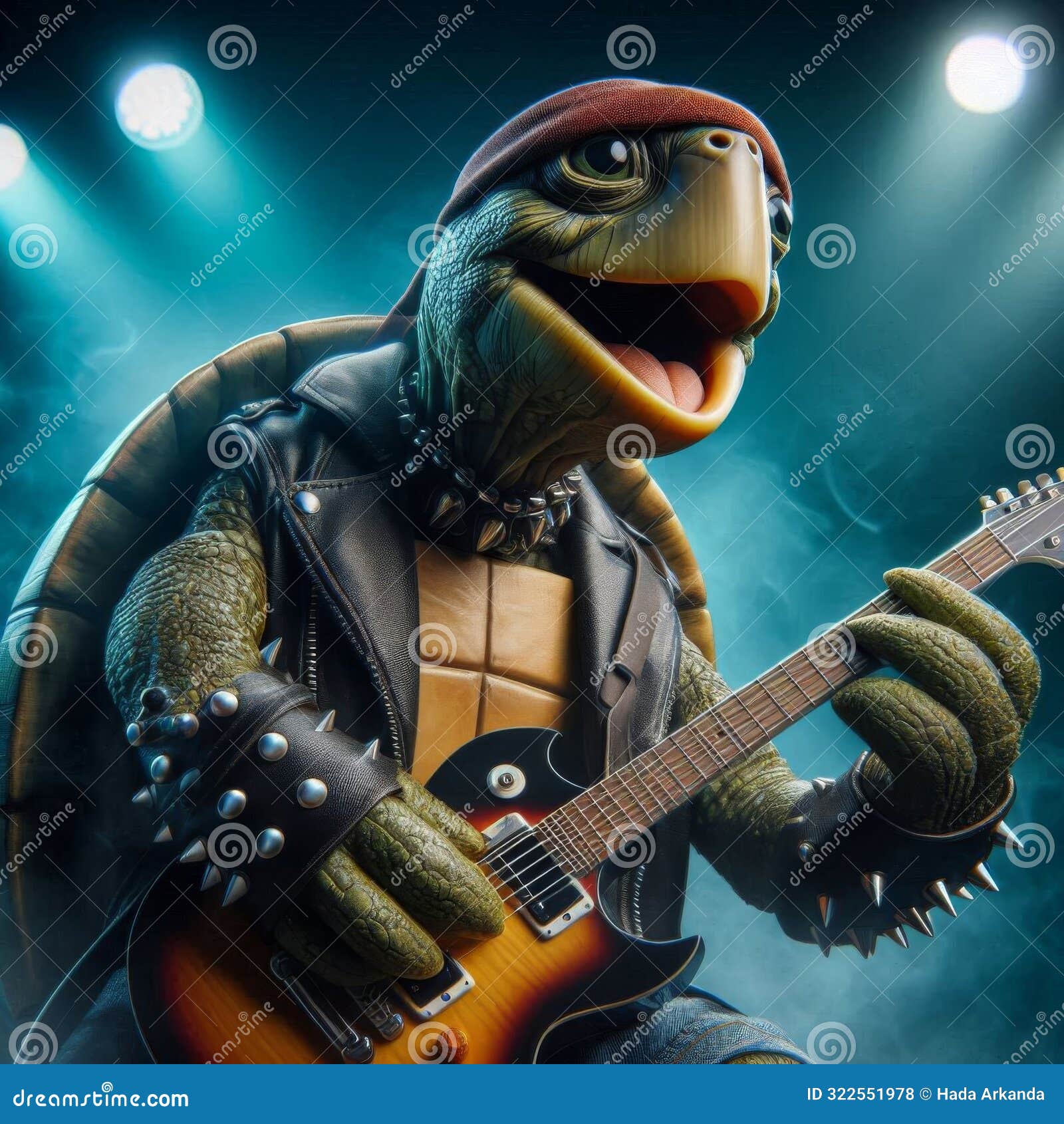 A Turtle Dressed As a Rock Star Playing an Electric Guitar on Stage ...