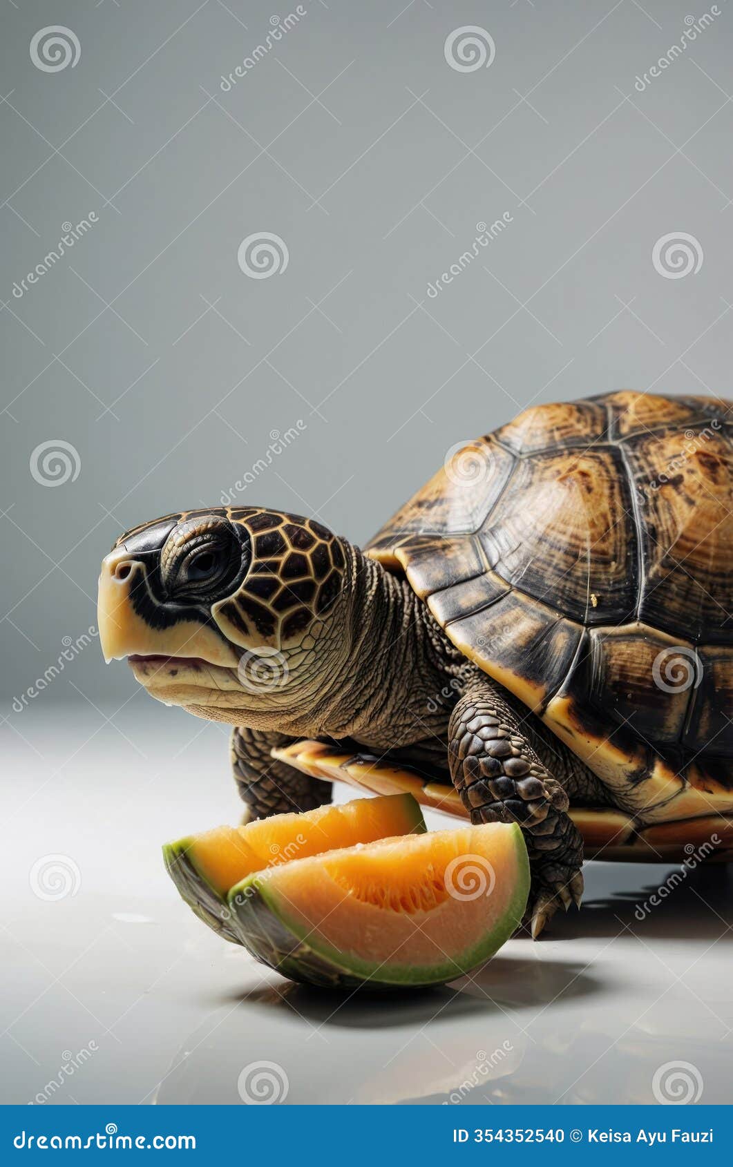 A Turtle Eating a Piece of Melon on a Reflective Surface Stock ...