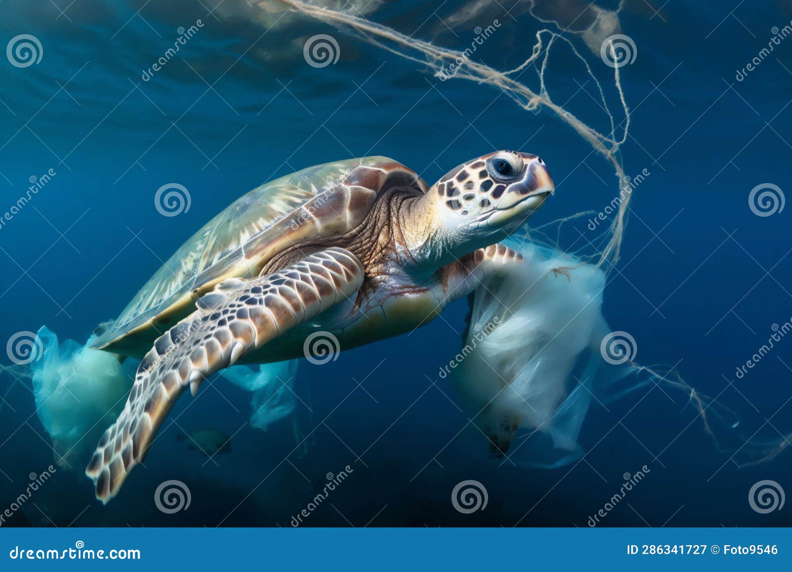 Turtle Entangled in Plastic in the Ocean. Environmental Problem of ...
