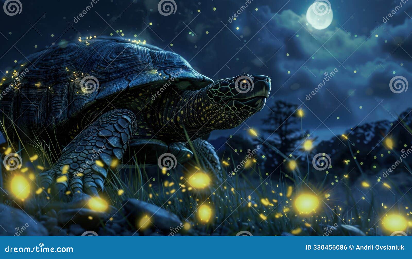 A Turtle Exploring a Glowing Meadow Under a Full Moon at Night Stock ...