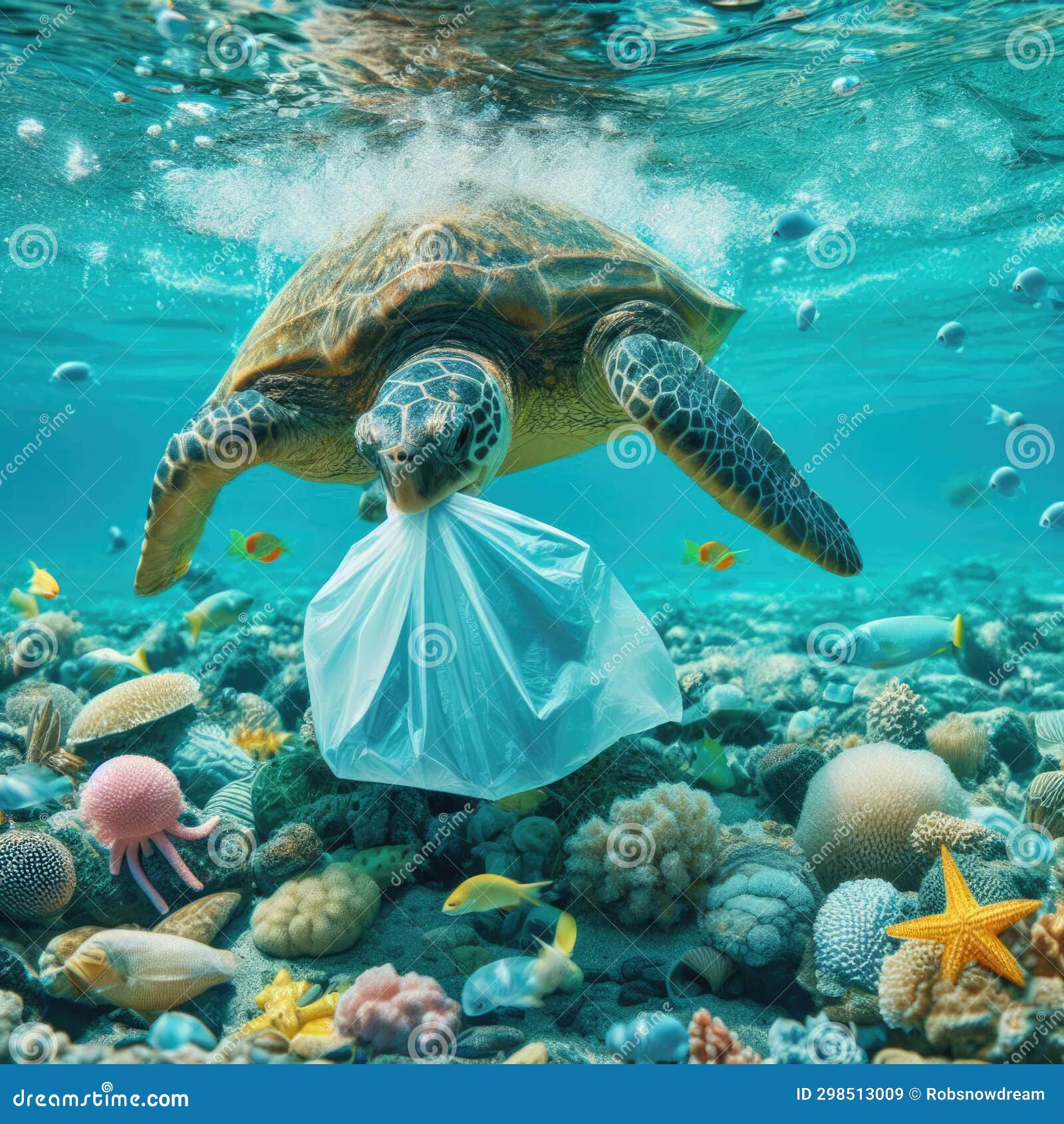 Turtle Finds Ocean Plastic Waste Stock Image | CartoonDealer.com #298512889