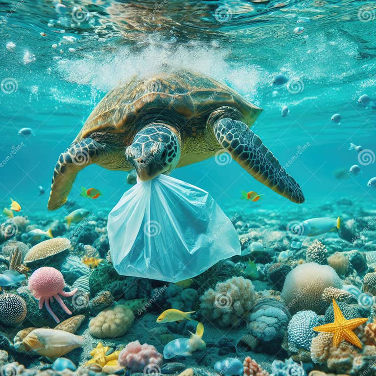 Turtle Finds Ocean Plastic Waste Stock Illustration - Illustration of ...