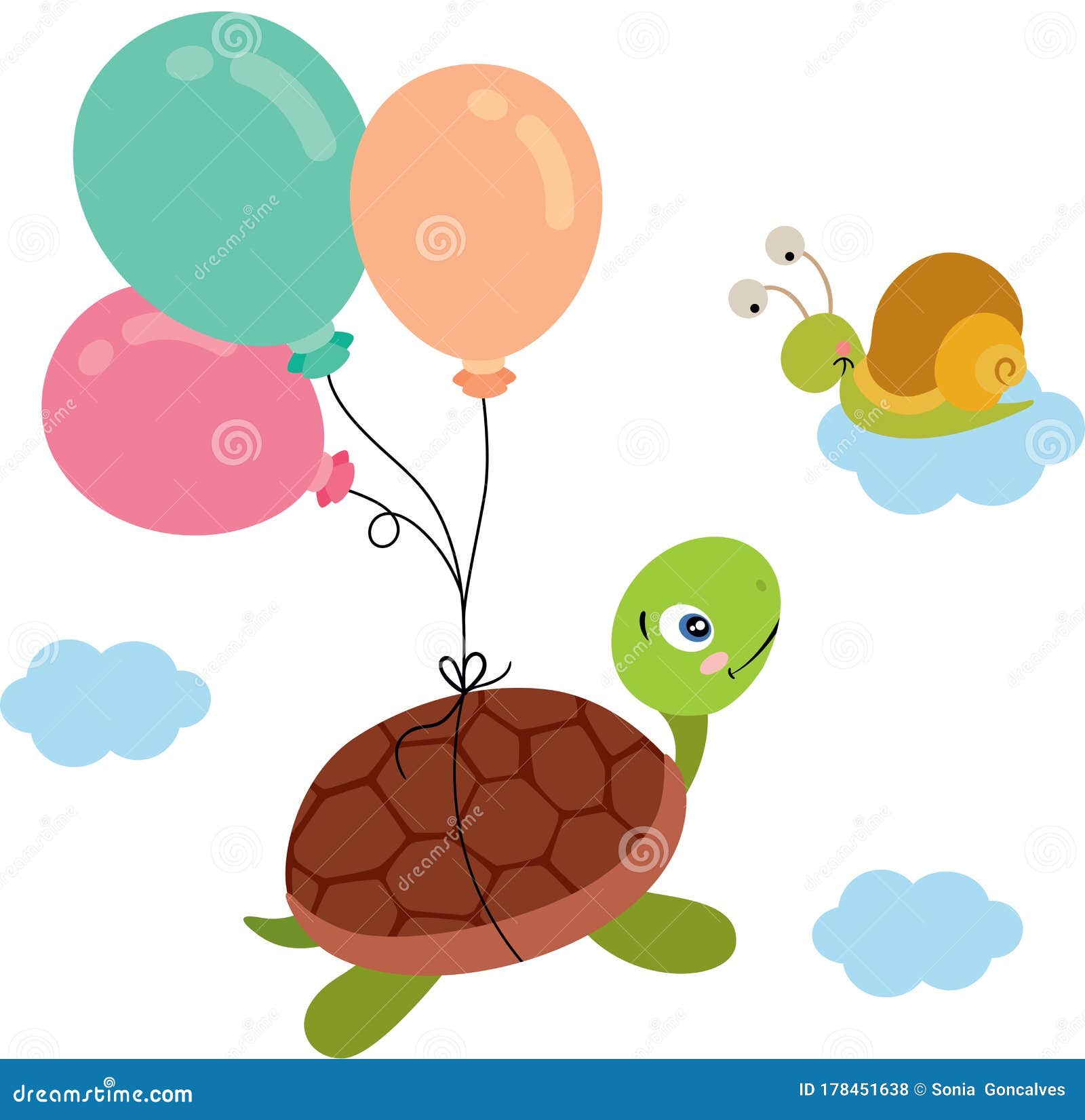 Turtle Flying with Balloons in Sky and Snail on Cloud Stock Vector ...