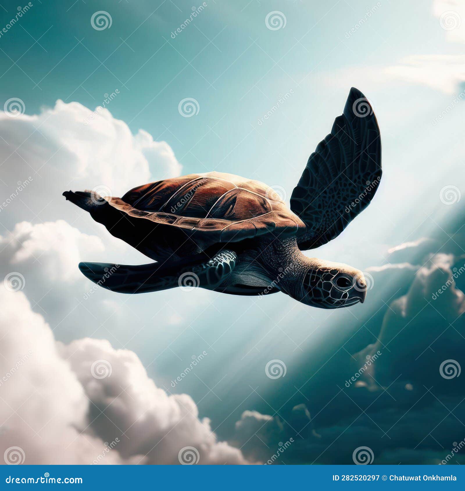A Turtle is Flying in the Sky Above the Clouds.Generative AI Stock ...