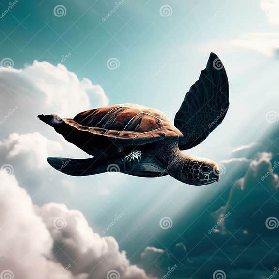 A Turtle is Flying in the Sky Above the Clouds.Generative AI Stock ...