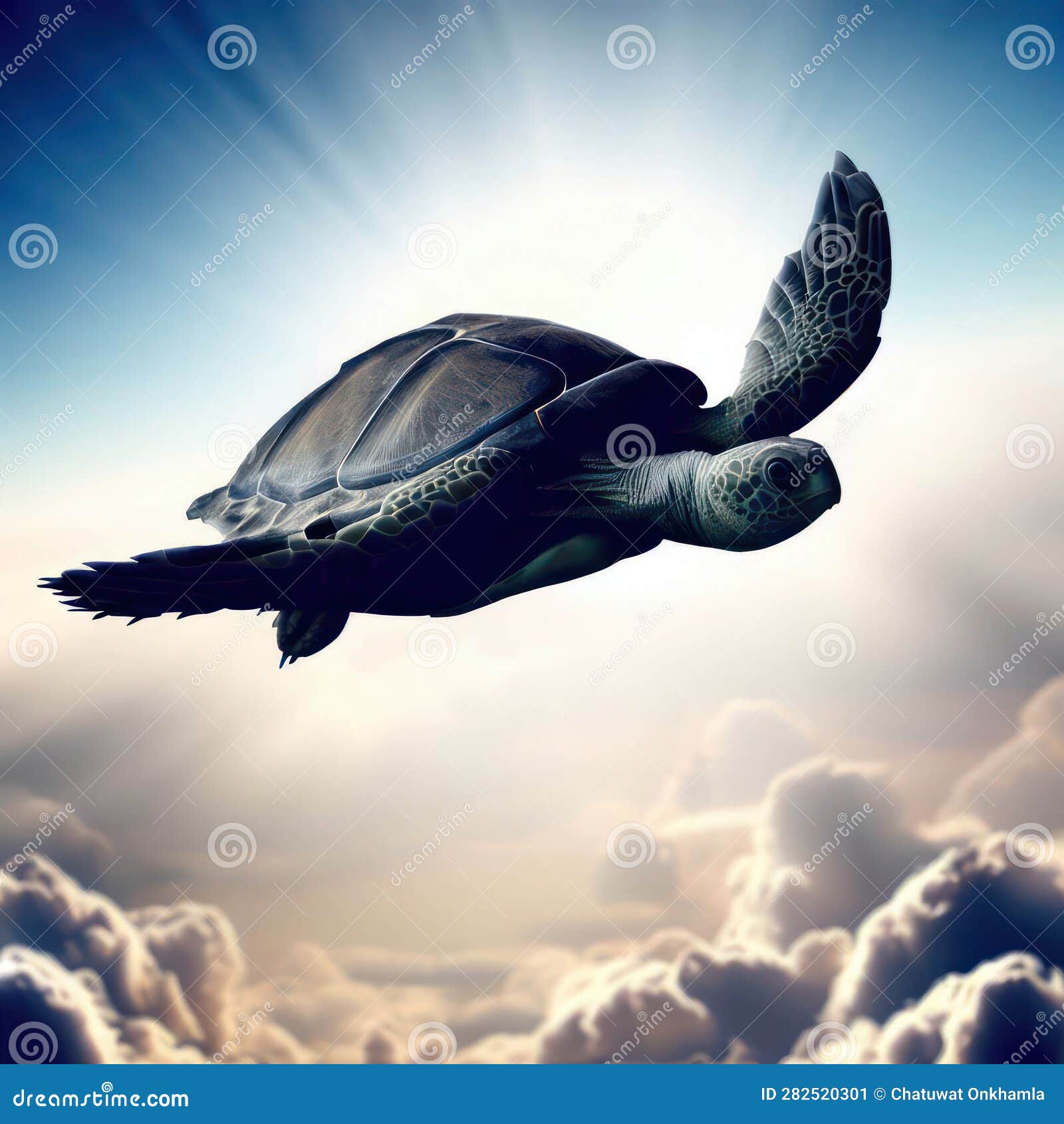 A Turtle is Flying in the Sky Above the Clouds.Generative AI Stock ...