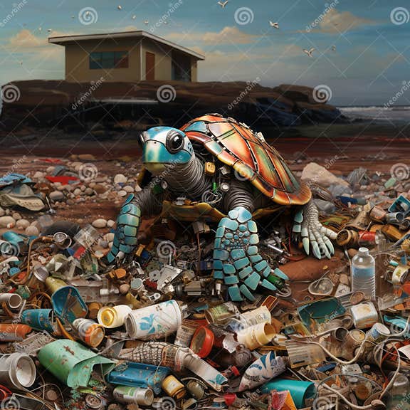 Turtle in a Garbage Dump. Conceptual Image about Environmental ...