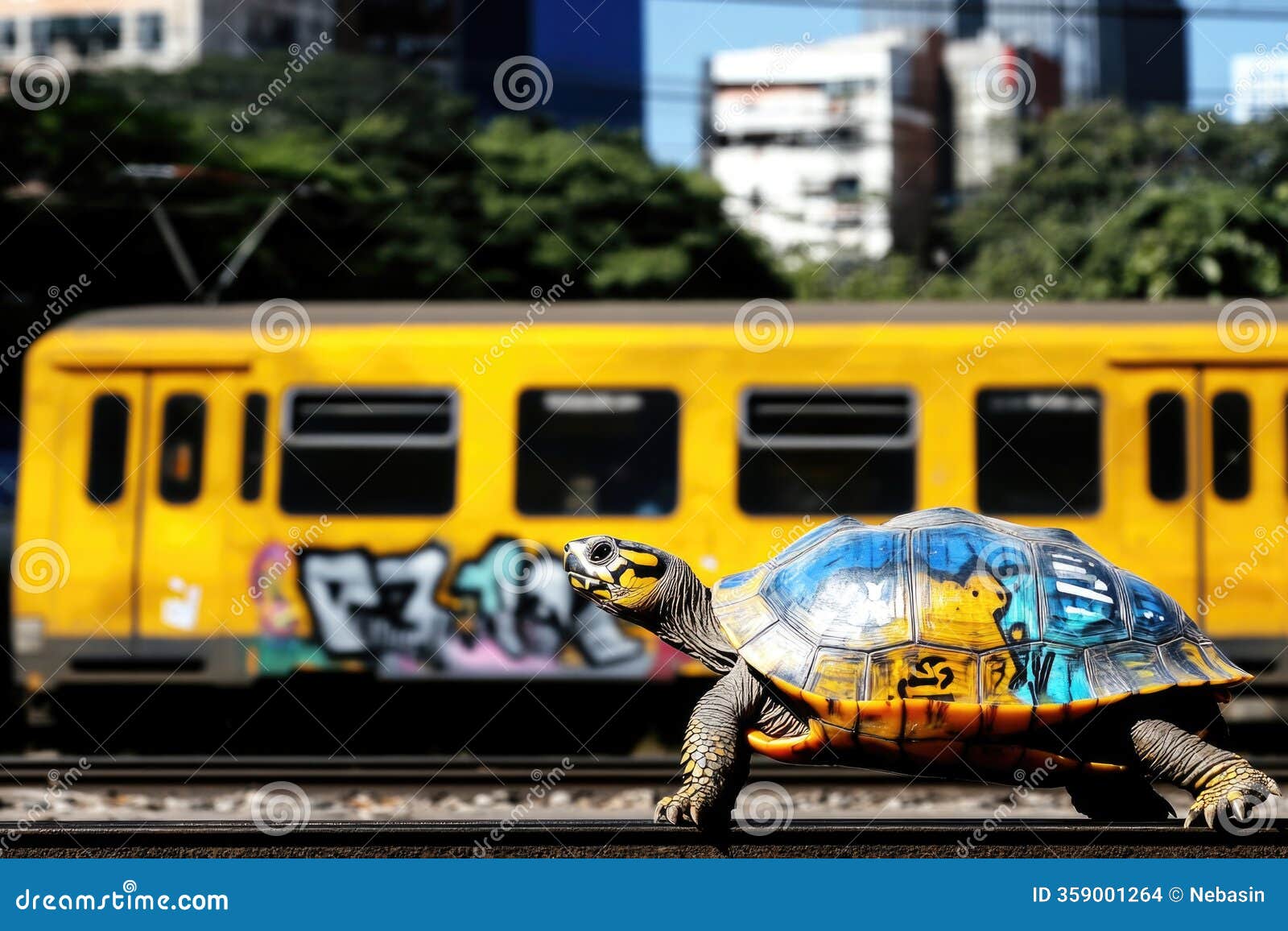 Turtle with Graffiti Shell on Railway Tracks in Urban Setting Stock ...