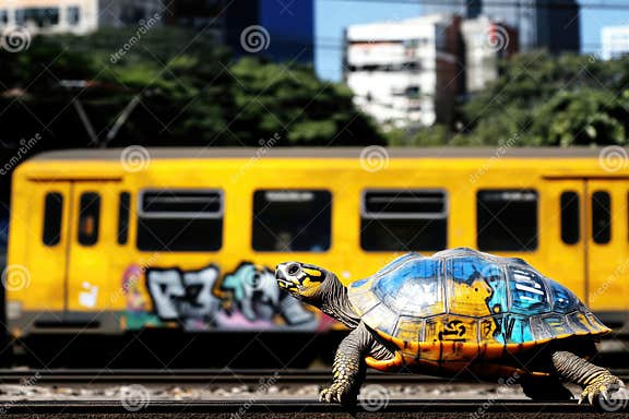 Turtle with Graffiti Shell on Railway Tracks in Urban Setting Stock ...