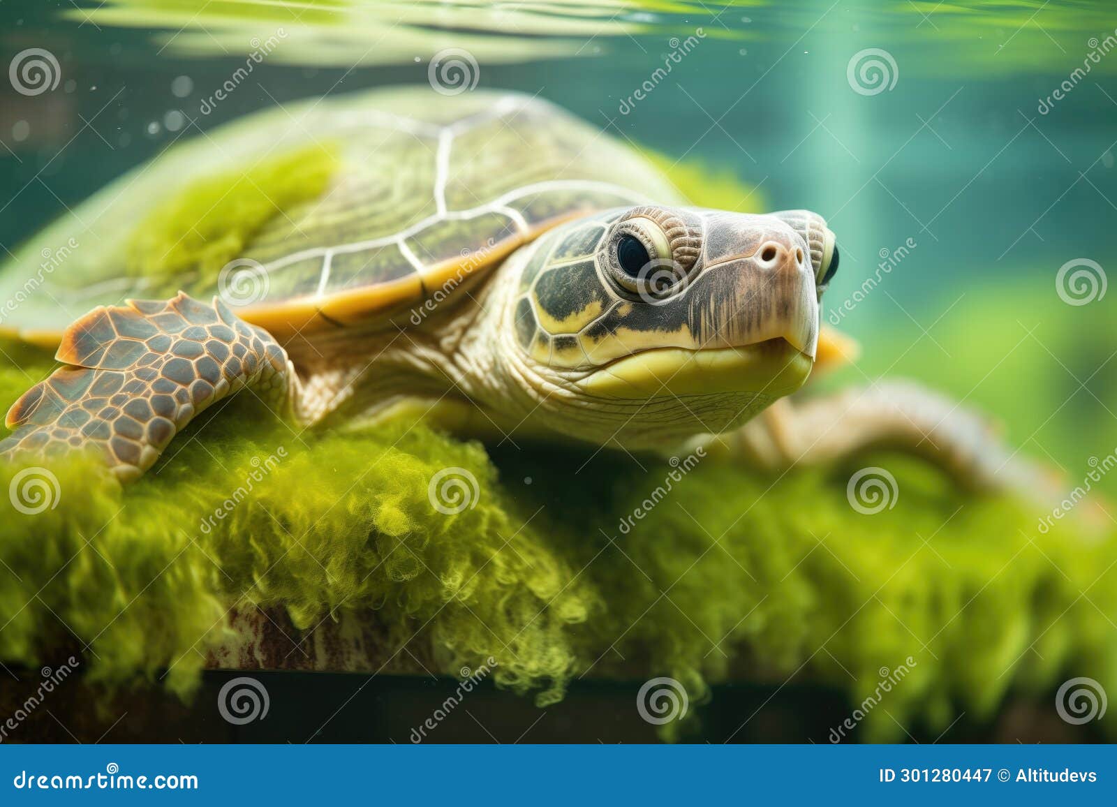 Turtle Half-submerged in Water, Eating Duckweed Stock Illustration ...
