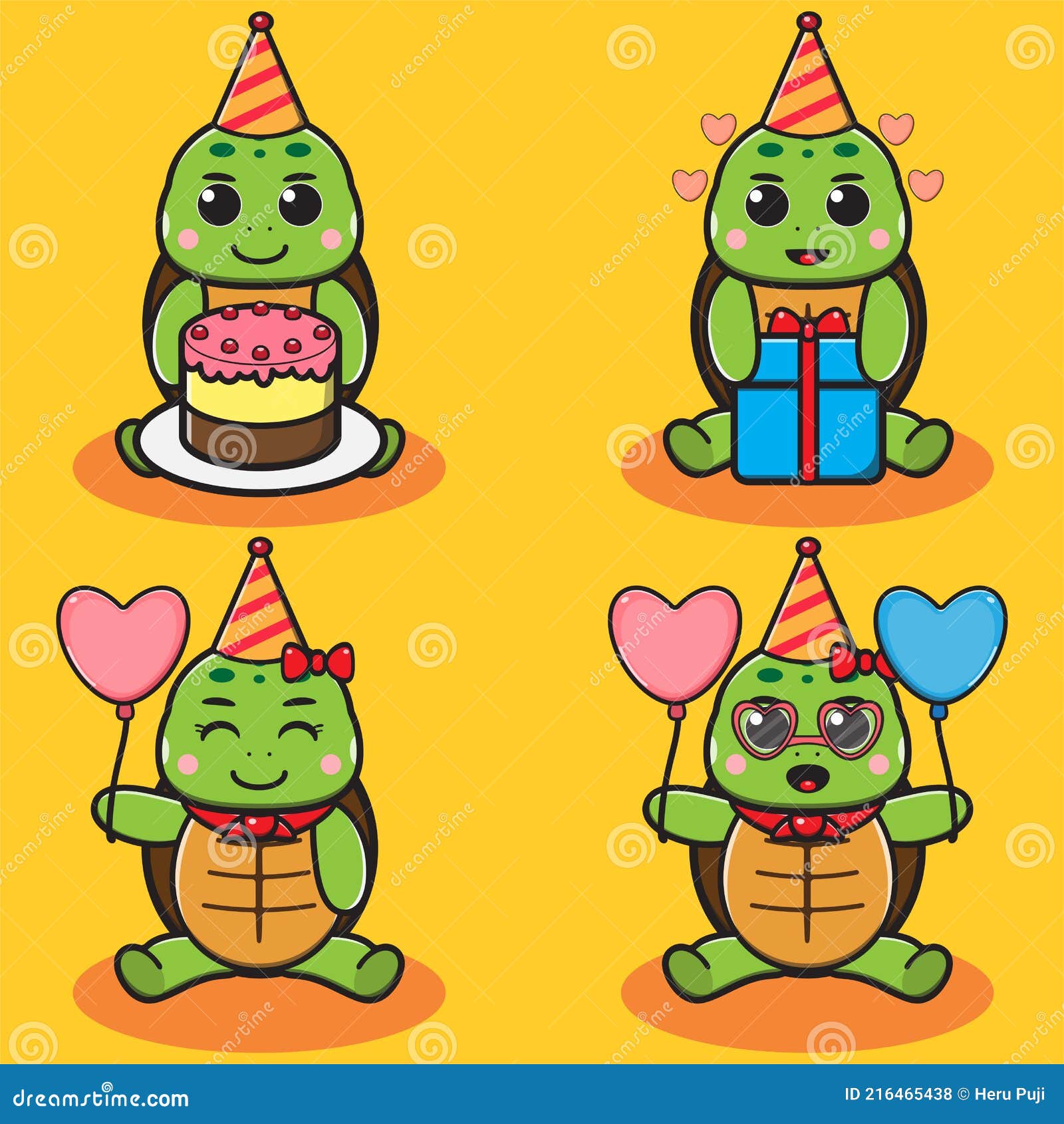 Vector Illustration of Cute Little Turtle Party Cartoon Set. Stock ...