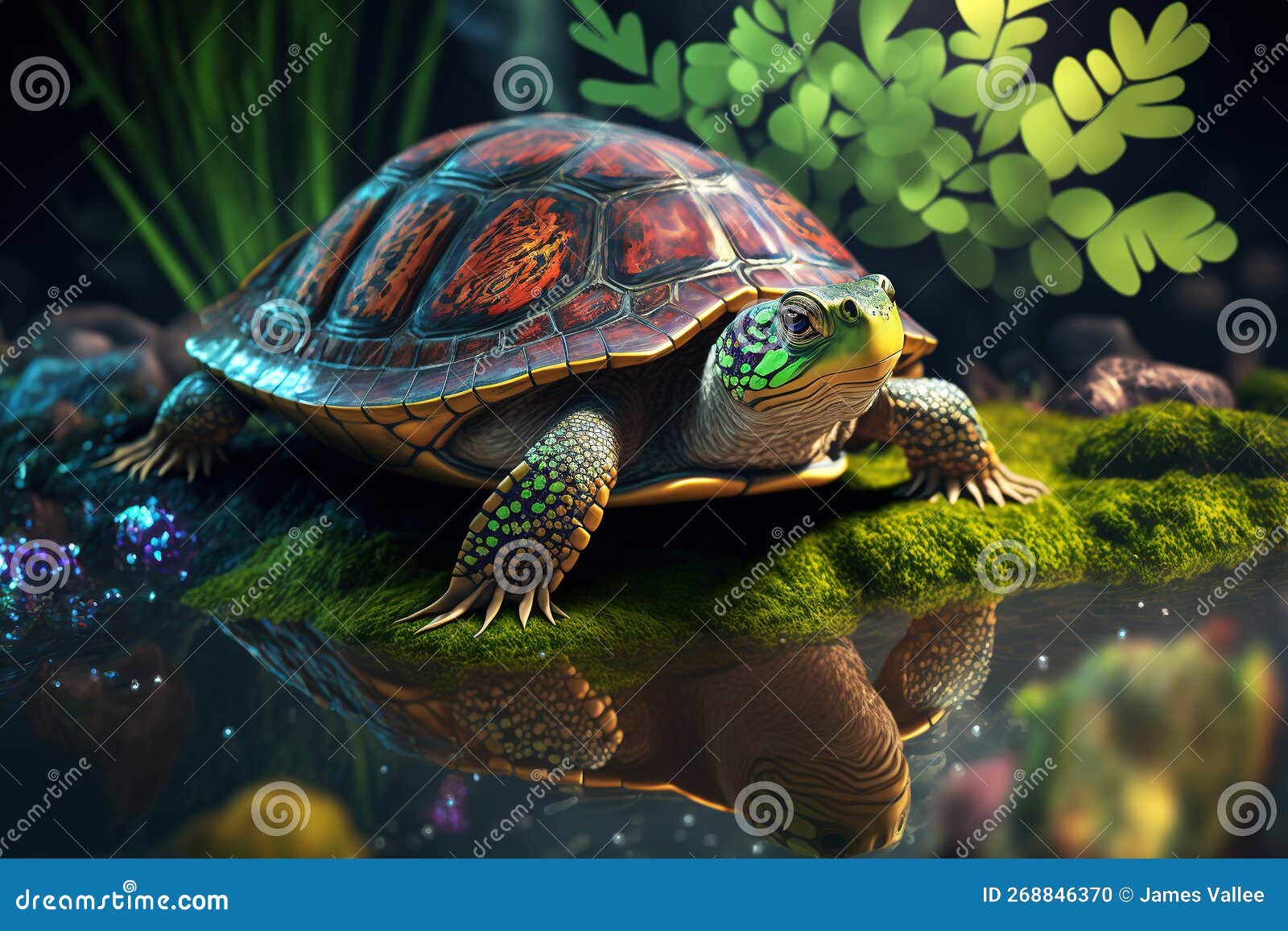 Turtle Illustration with Pond and Reflextion - AI Generative Stock ...