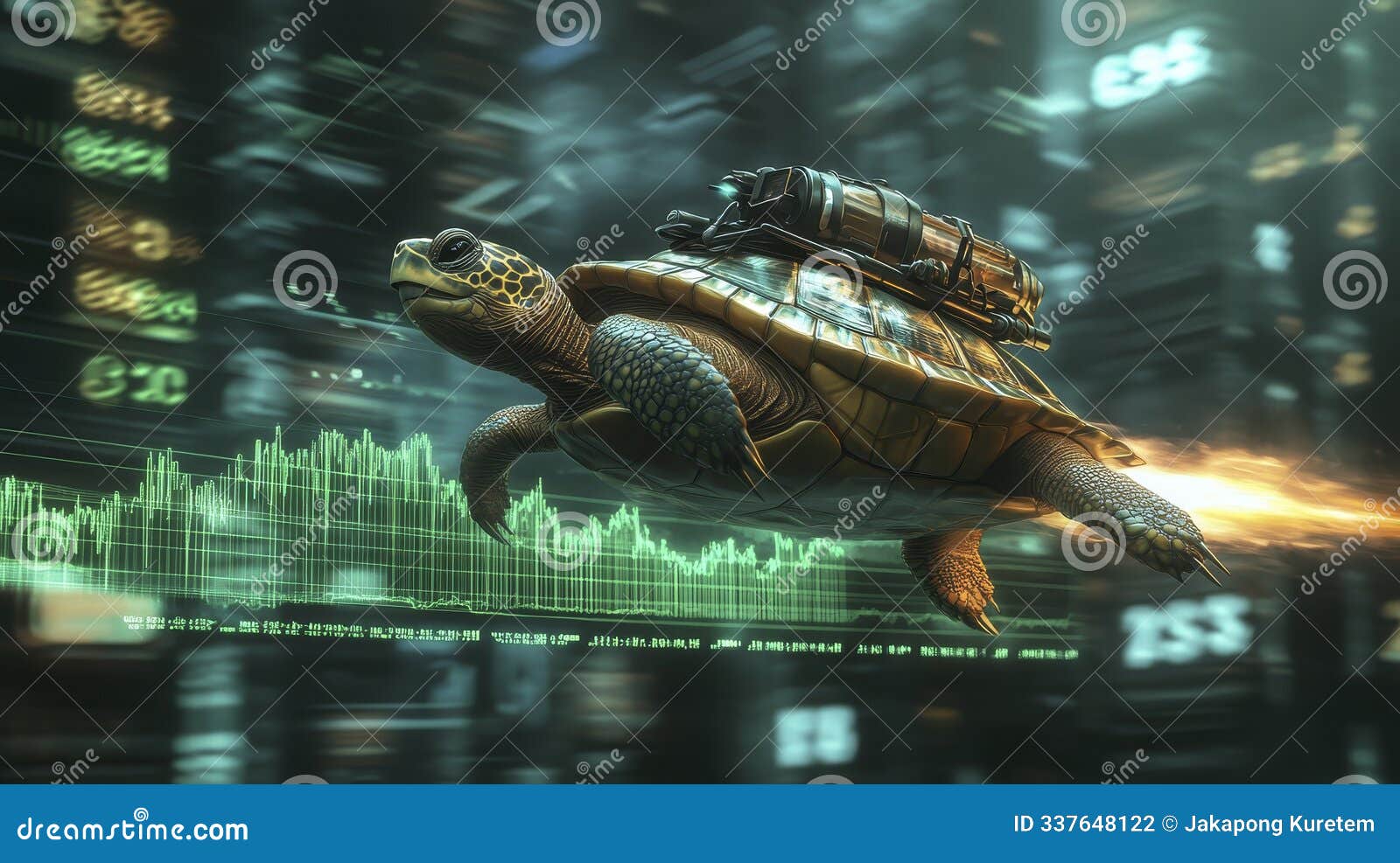 Turtle with Jetpack Soaring Over Green Stock Market Chart. Stock Photo ...