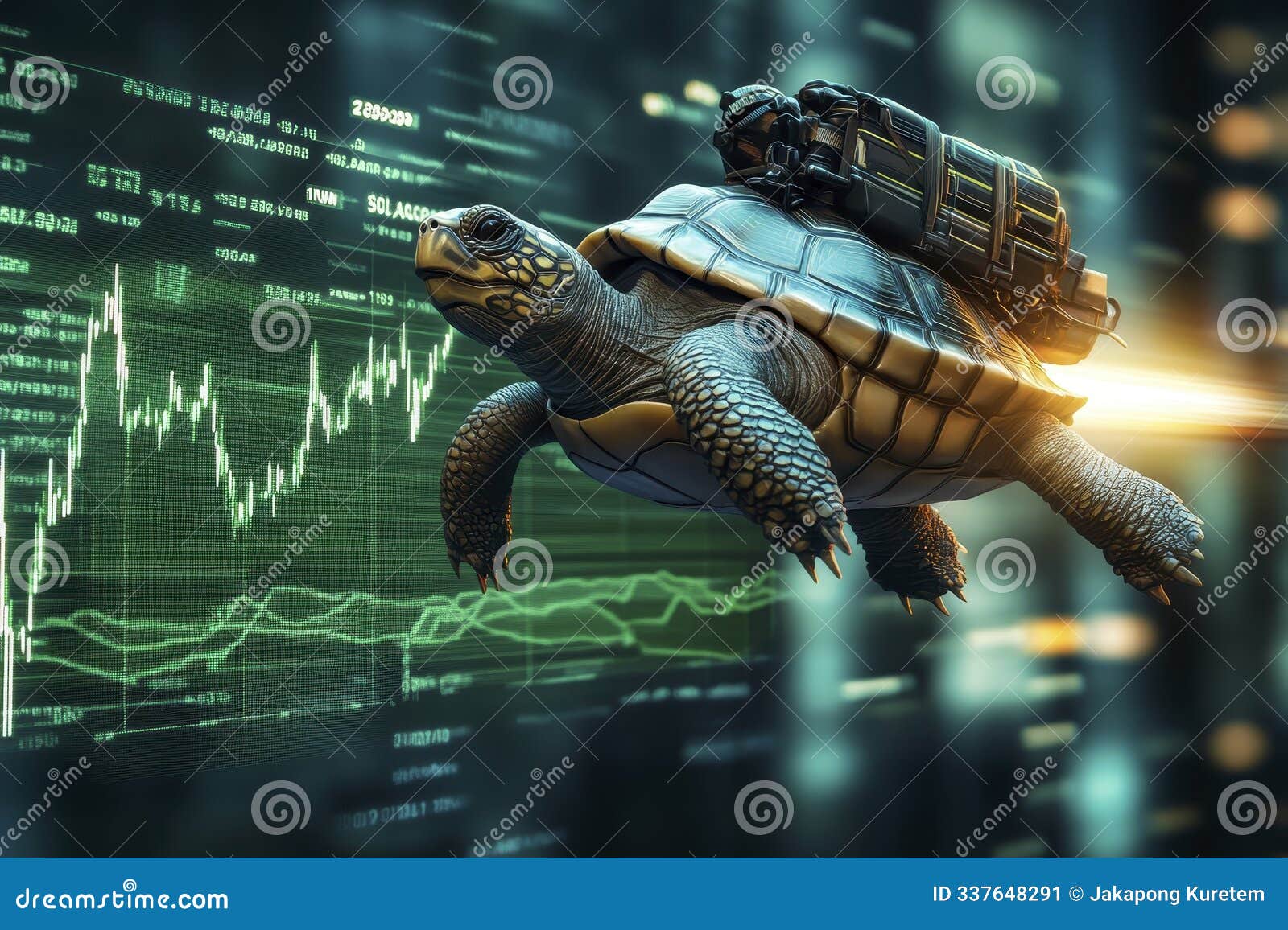 Turtle with Jetpack Soaring Over Green Stock Market Chart. Stock Image ...
