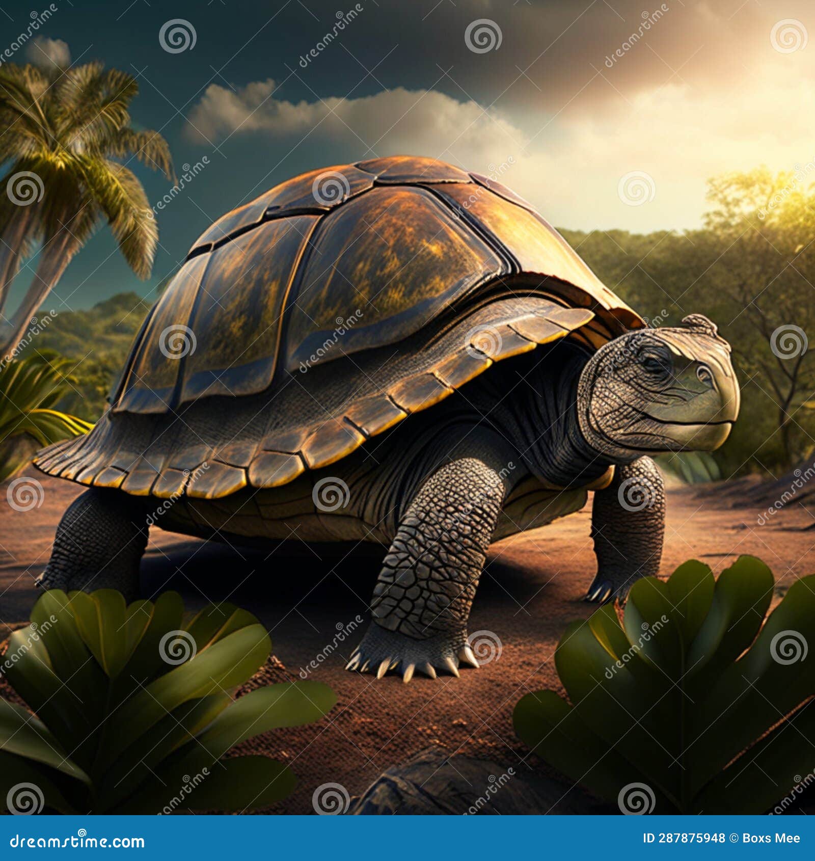 Turtle in the Jungle at Sunset. 3d Render Illustration Stock ...