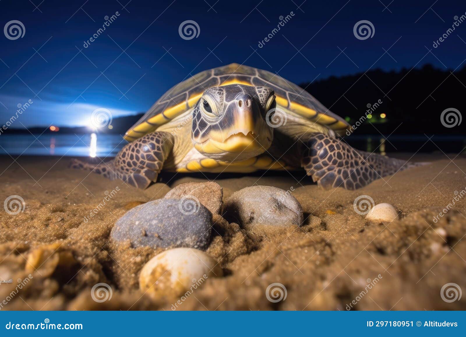 A Turtle Laying Eggs on a Beach at Night Stock Image - Image of animal ...