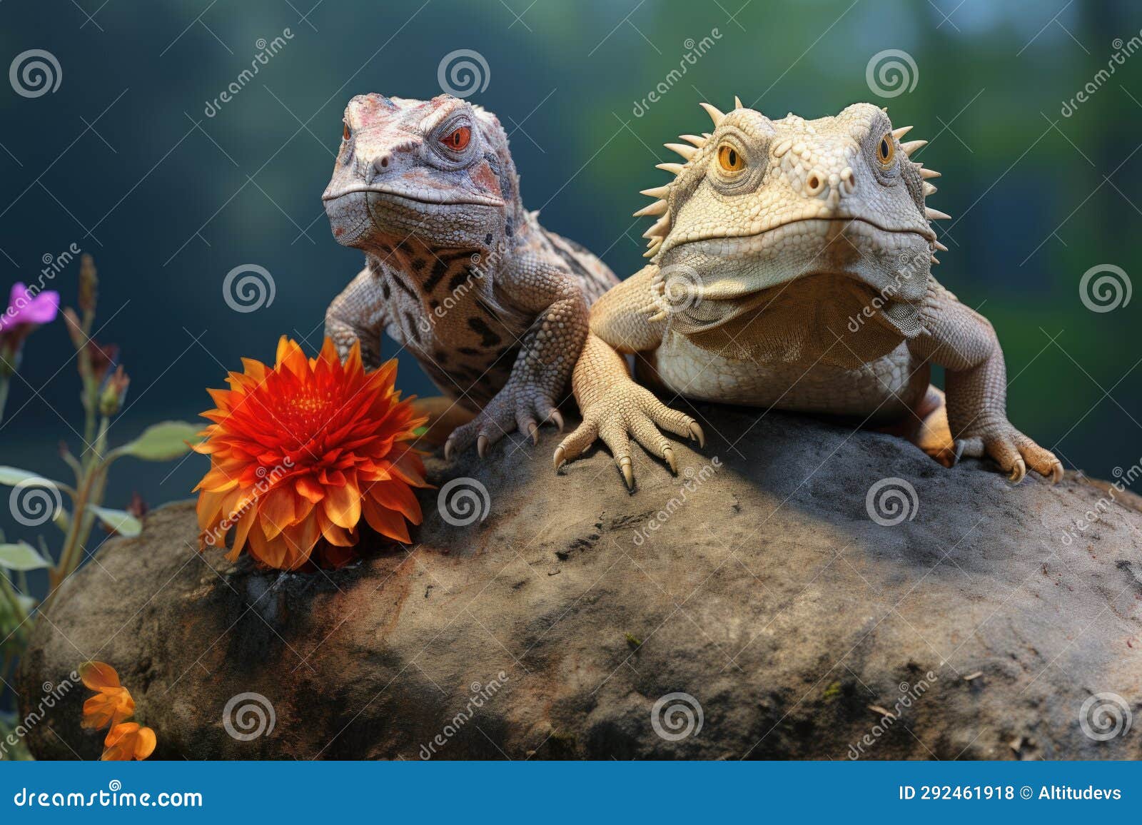 A Turtle and a Lizard Sitting on the Same Rock Stock Photo - Image of ...