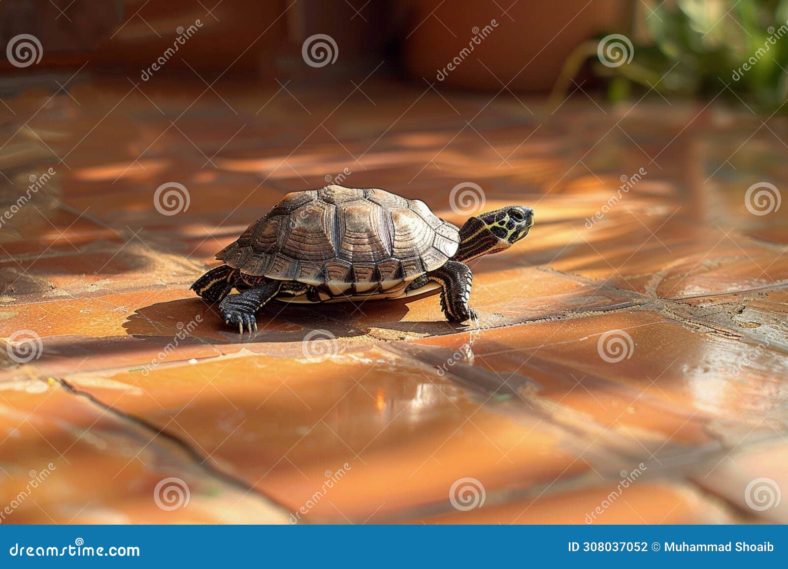 Turtle Meanders Across Tiled Surface, Shell Shining in Soft Light Stock ...