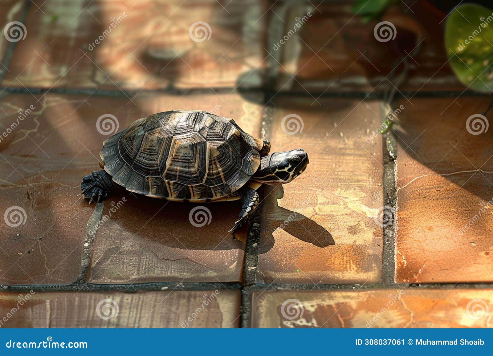 Turtle Meanders Across Tiled Surface, Shell Shining in Soft Light Stock ...