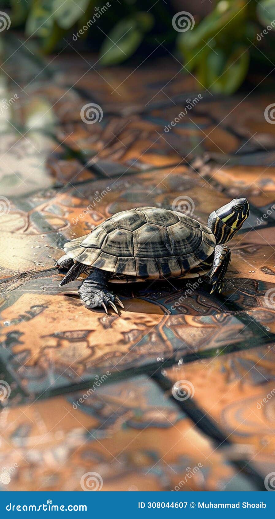 Turtle Meanders Across Tiled Surface, Shell Shining in Soft Light Stock ...