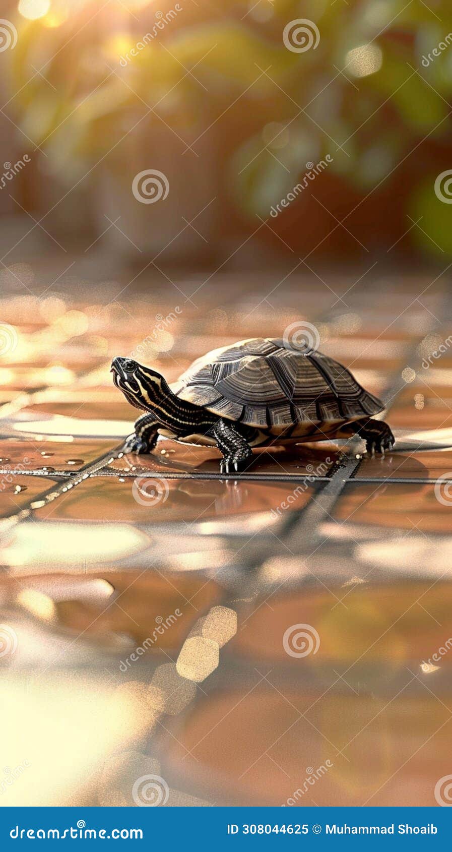 Turtle Meanders Across Tiled Surface, Shell Shining in Soft Light Stock ...