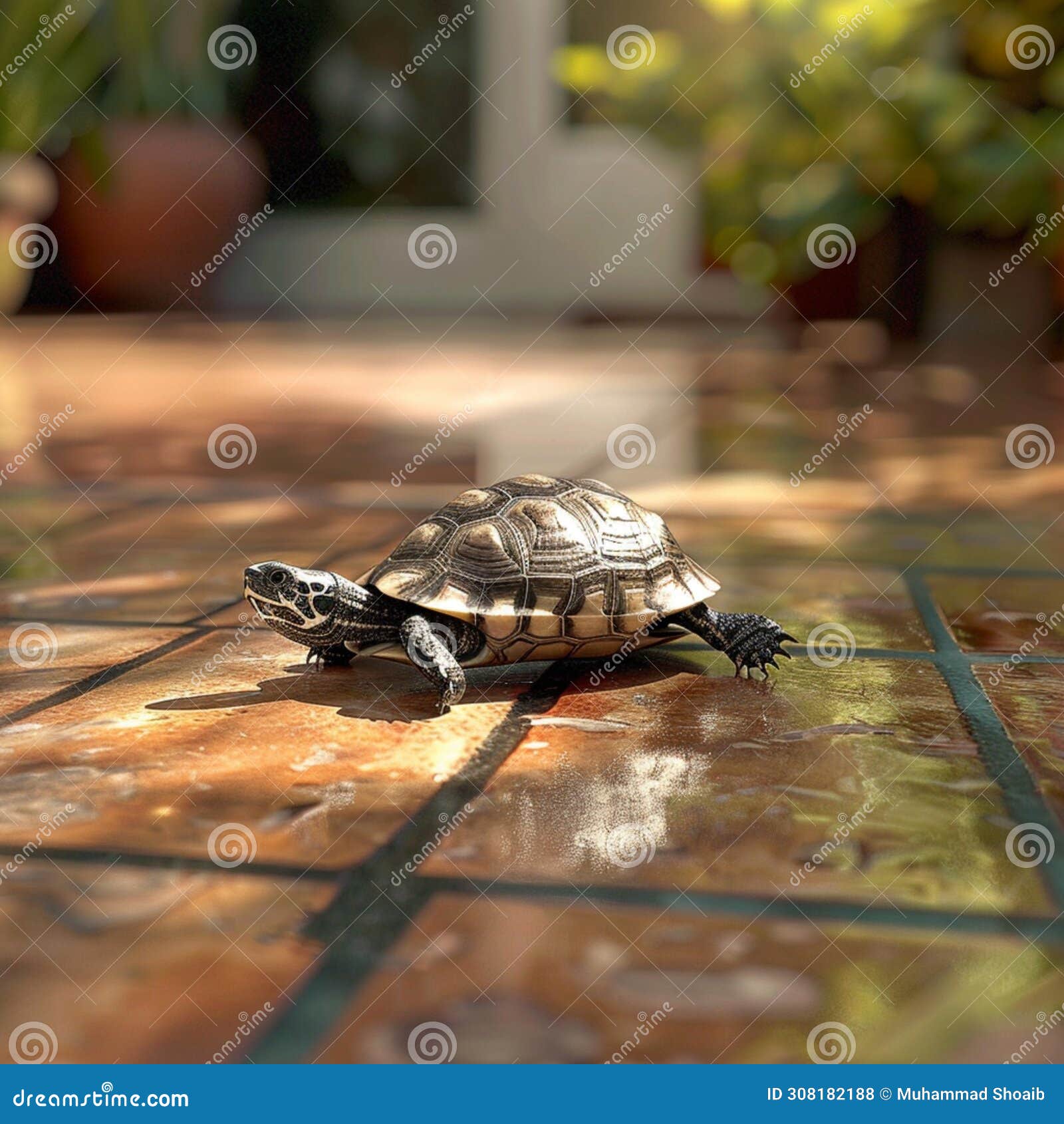 Turtle Meanders Across Tiled Surface, Shell Shining in Soft Light Stock ...