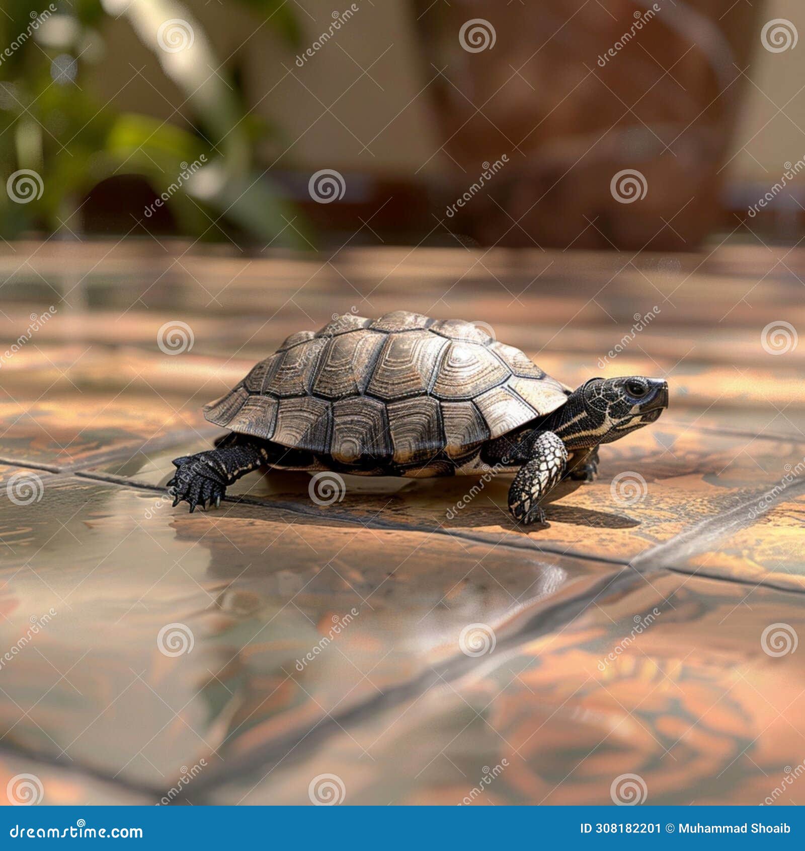 Turtle Meanders Across Tiled Surface, Shell Shining in Soft Light Stock ...