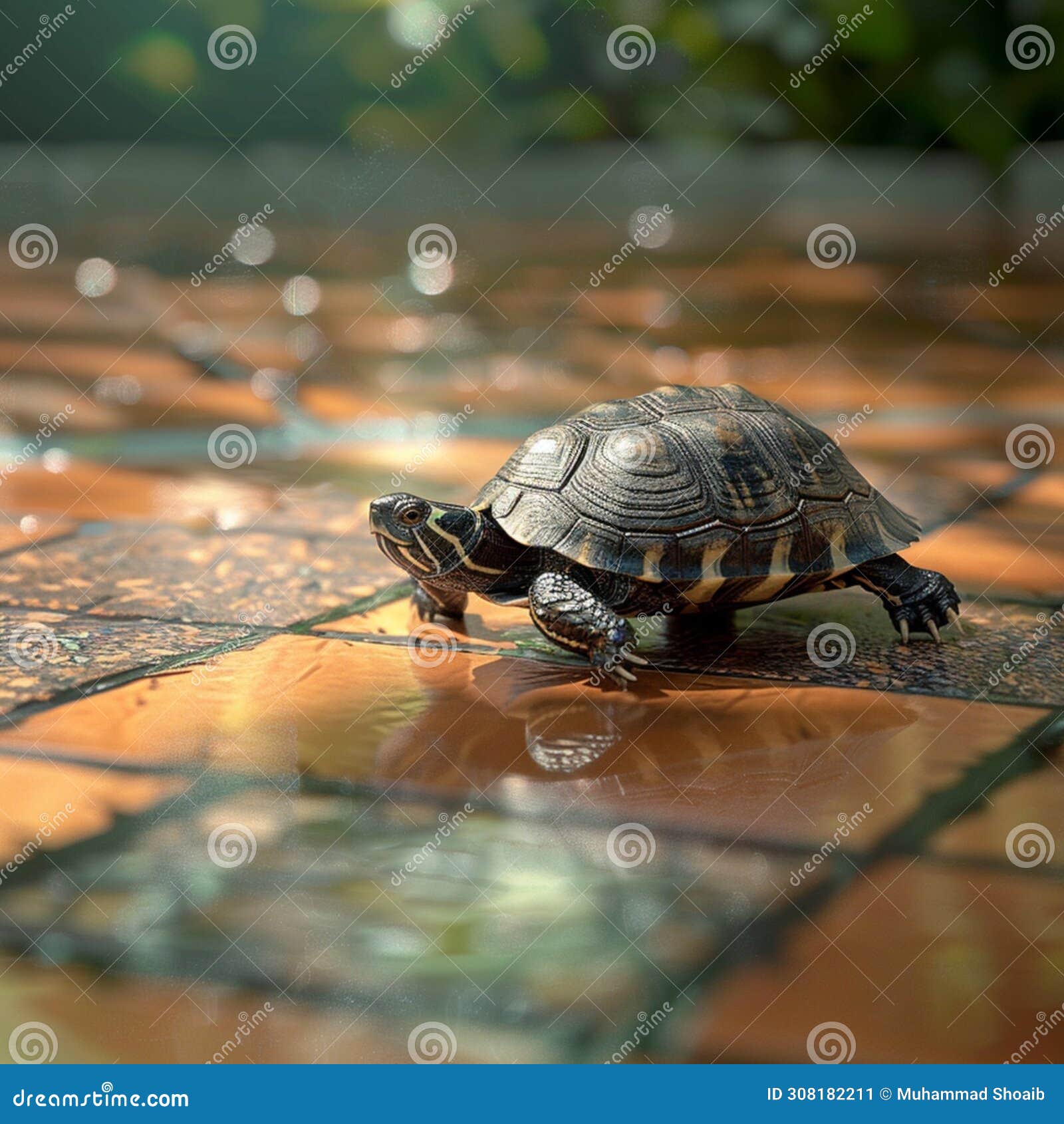 Turtle Meanders Across Tiled Surface, Shell Shining in Soft Light Stock ...
