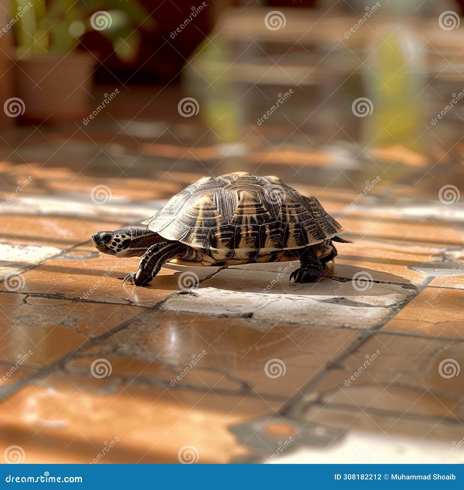 Turtle Meanders Across Tiled Surface, Shell Shining in Soft Light Stock ...