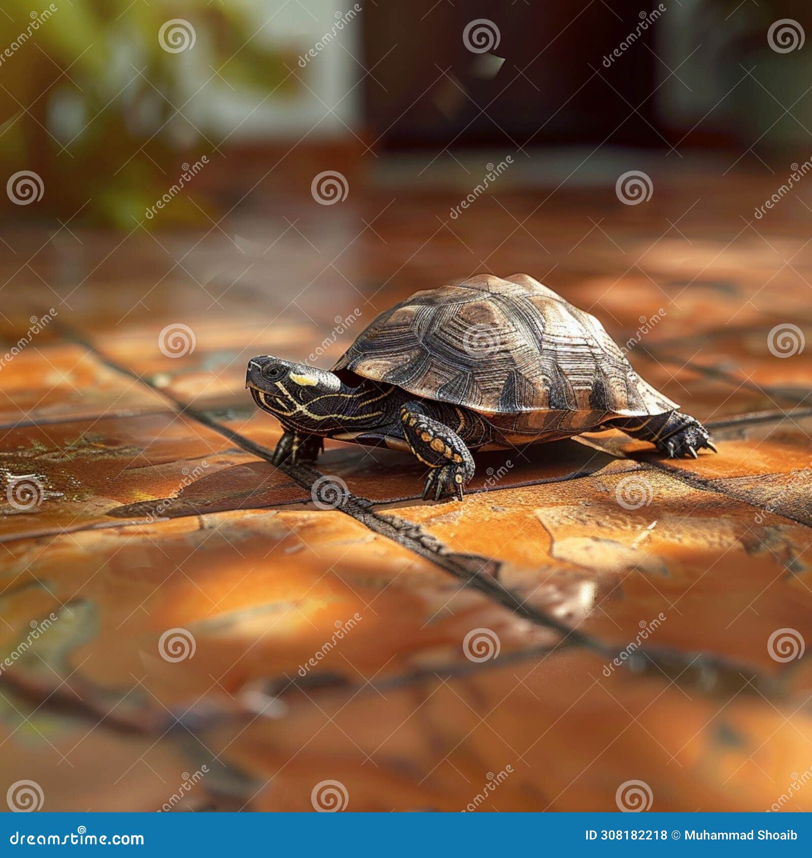 Turtle Meanders Across Tiled Surface, Shell Shining in Soft Light Stock ...