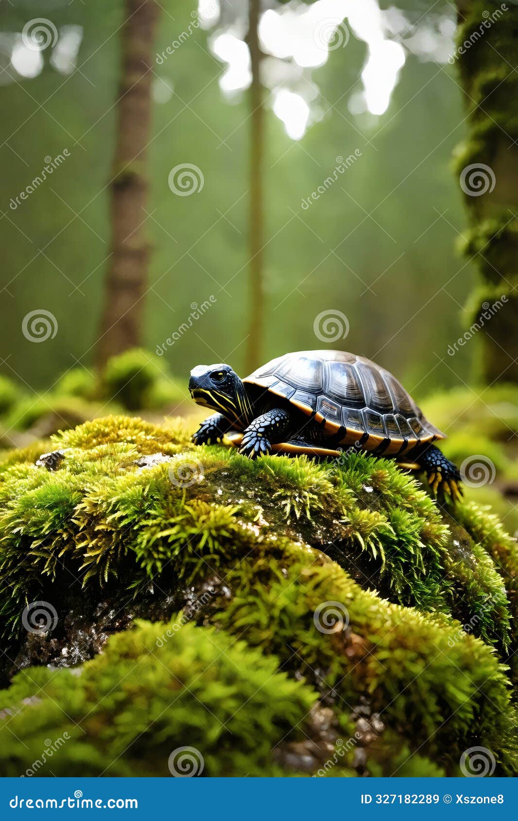 Turtle on Mossy Rock a Lone Turtle with a Weathered Shell Rests on a ...