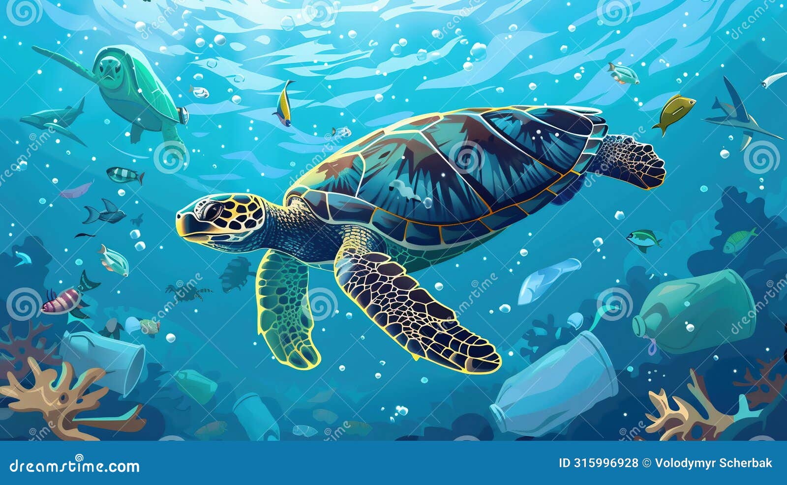 Turtle In Ocean Among Garbage - Bottle, Glass, Light Bulb, Mask ...