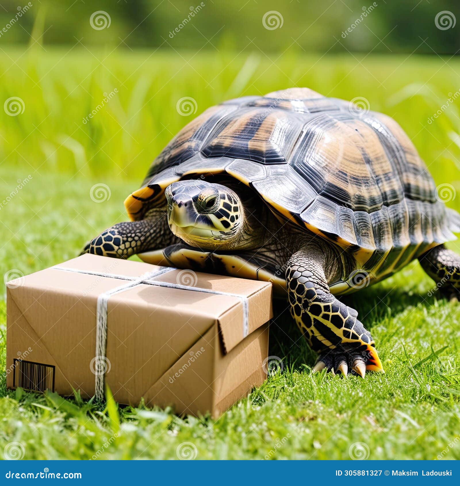 Turtle with a Package on Grass. Generative Ai Stock Image - Image of ...