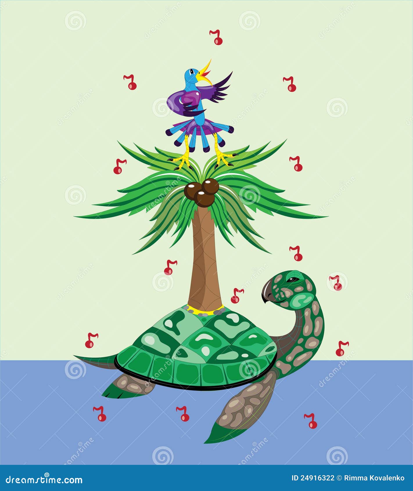 Turtle, Palm Tree and Bird. Stock Vector - Illustration of sing ...